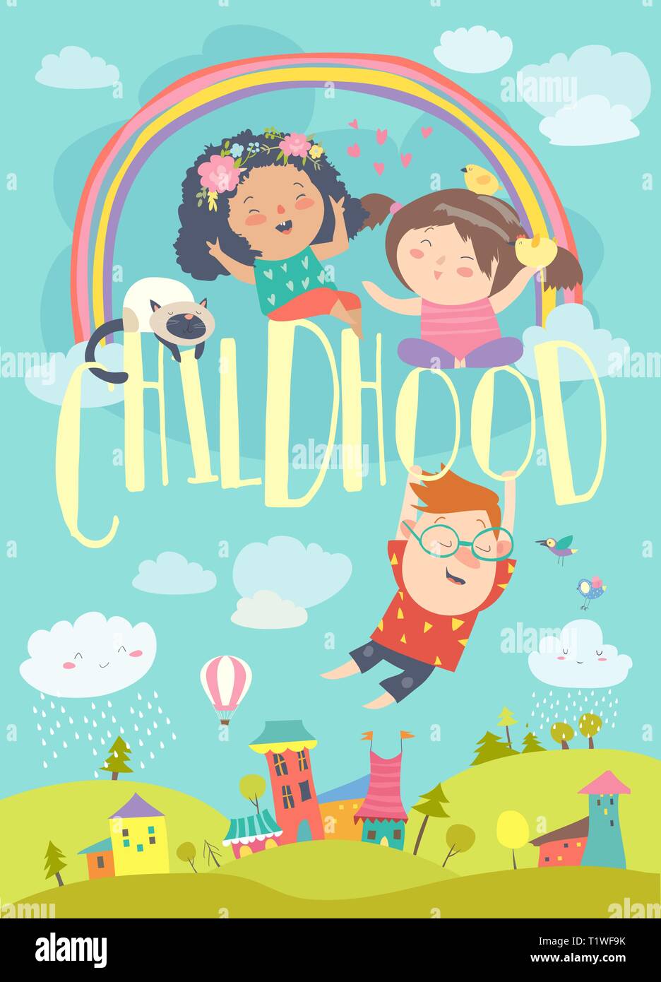 Cute children with rainbow. Happy childhood. Summer background Stock ...