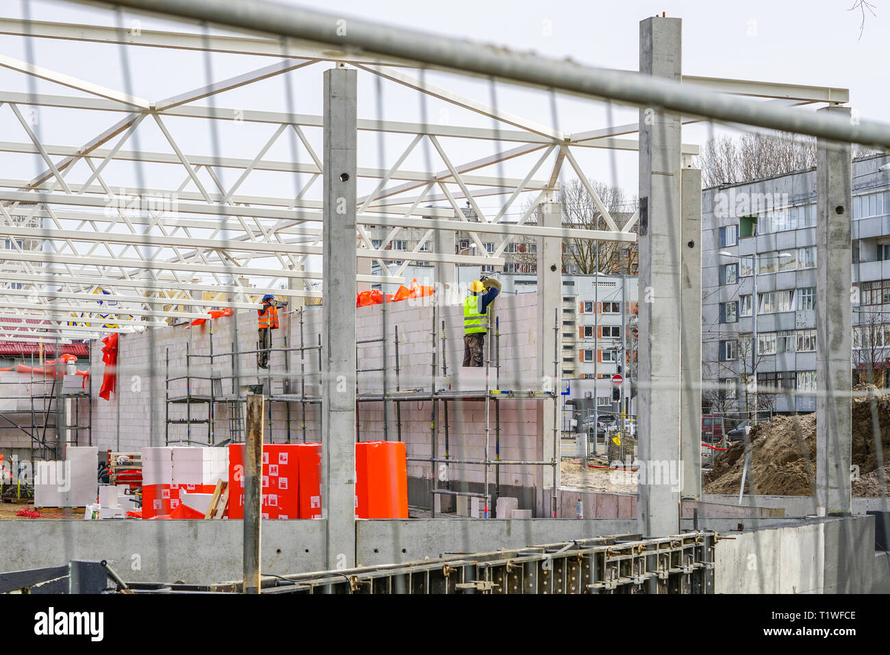 new building construction site, wall and roof constructions Stock Photo ...