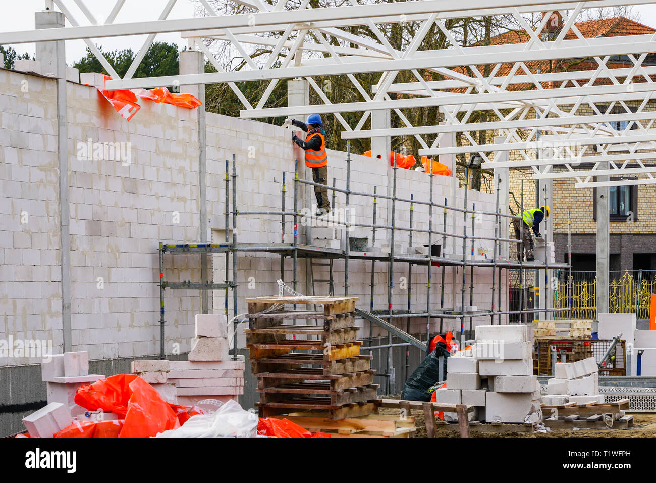 new building construction site, wall and roof constructions Stock Photo ...