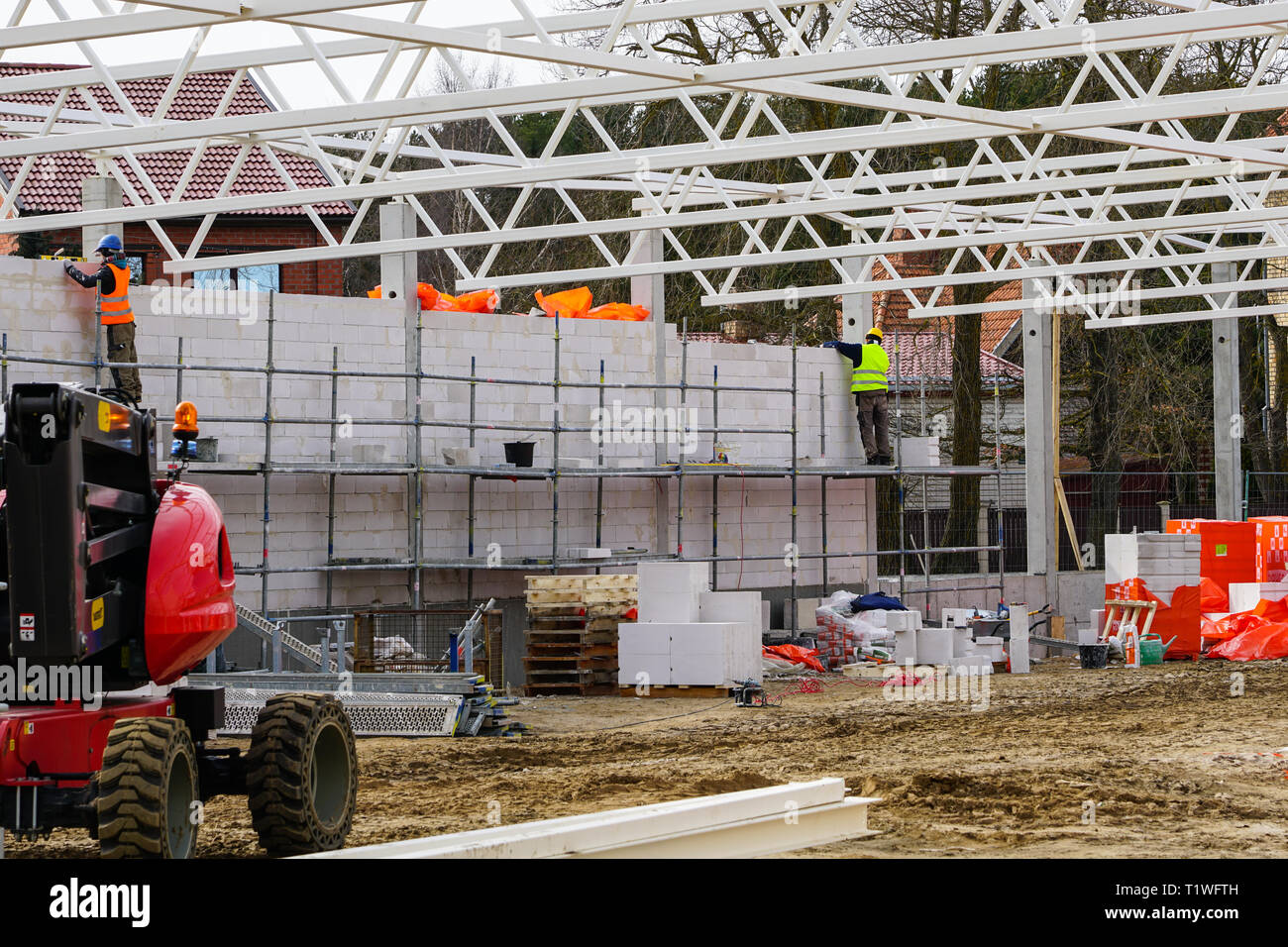 new building construction site, wall and roof constructions Stock Photo ...