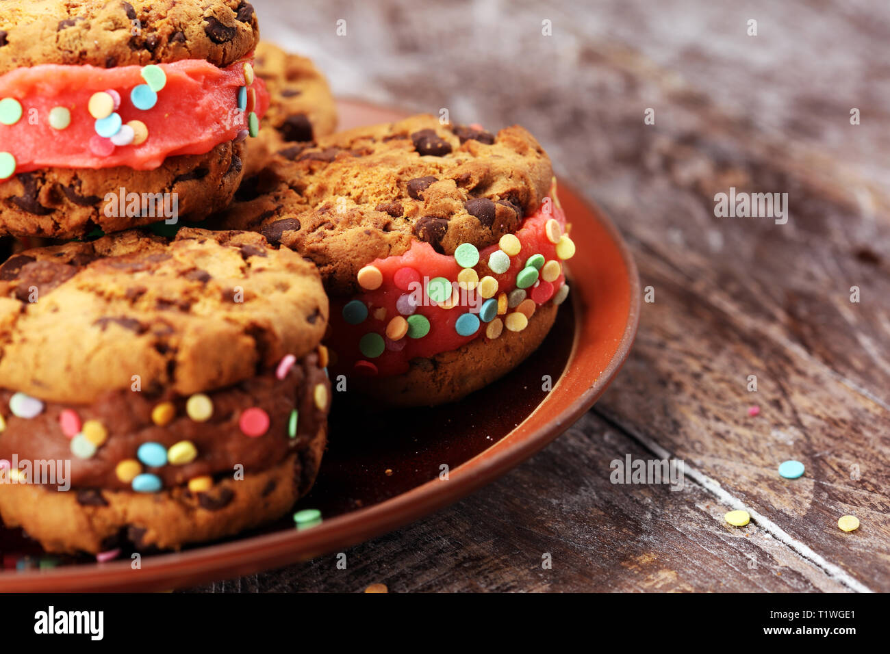 ice cream sandwiches. Chocolate Chip Cookie Ice Cream Sandwich on table ...