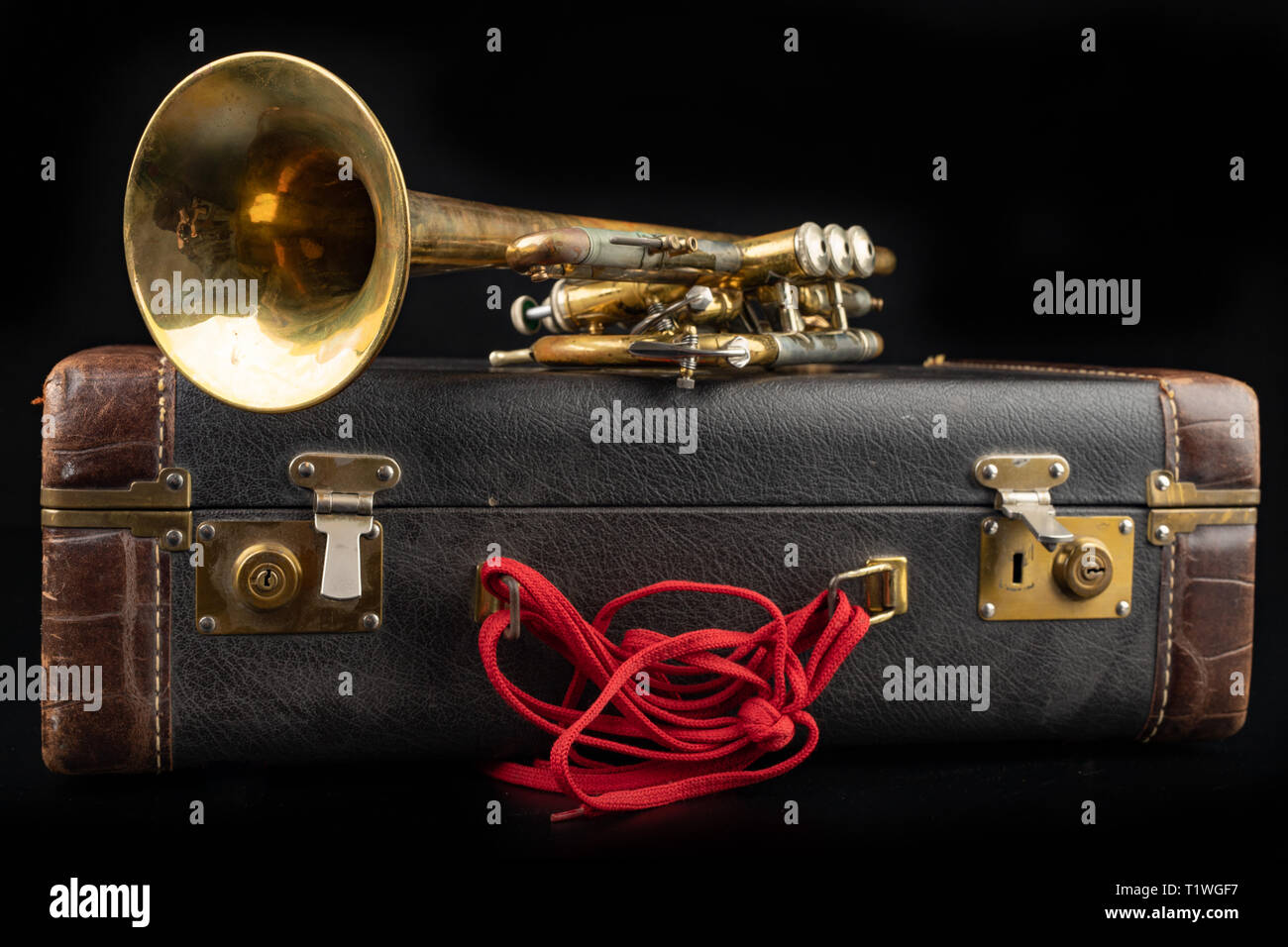 Old covered patina trumpet in a case. A historic wind musical ...