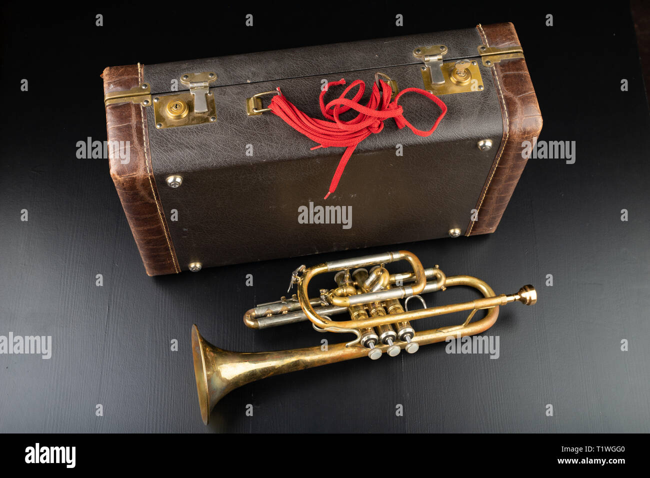 Old covered patina trumpet in a case. A historic wind musical ...