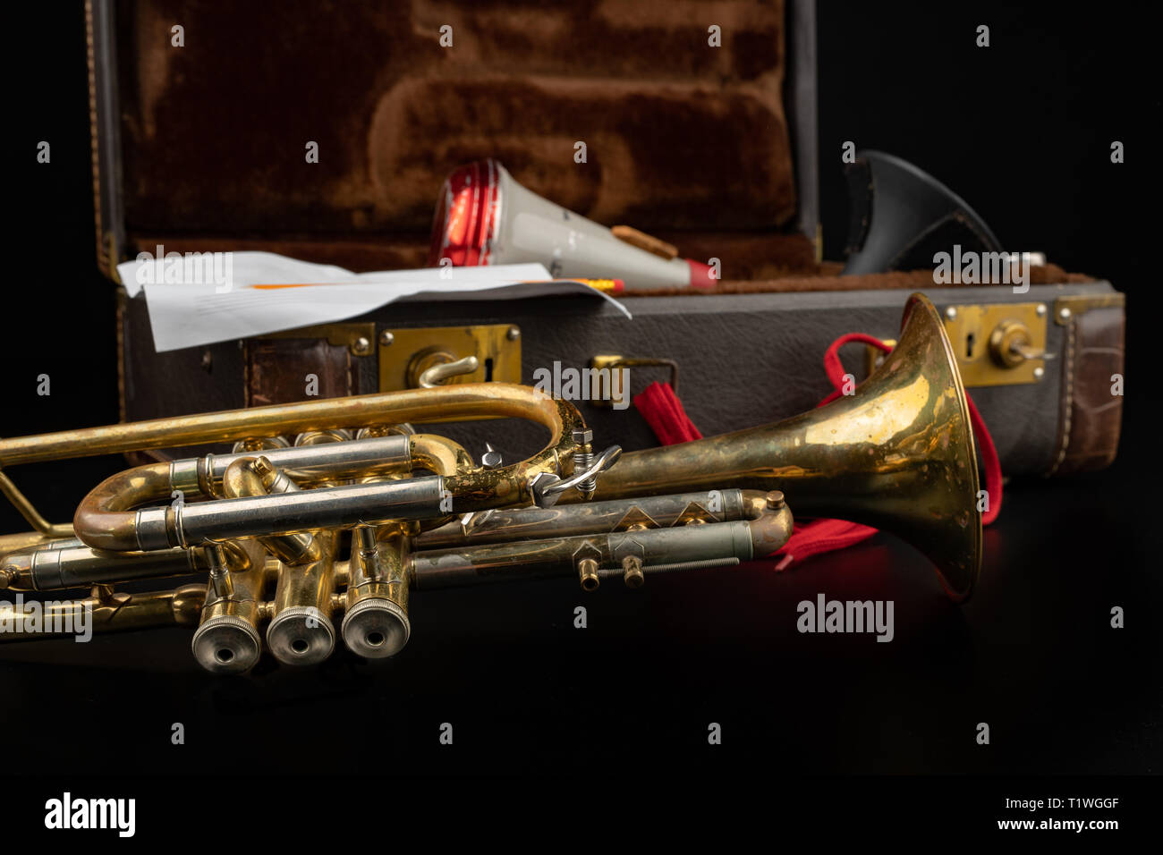 Old covered patina trumpet in a case. A historic wind musical ...