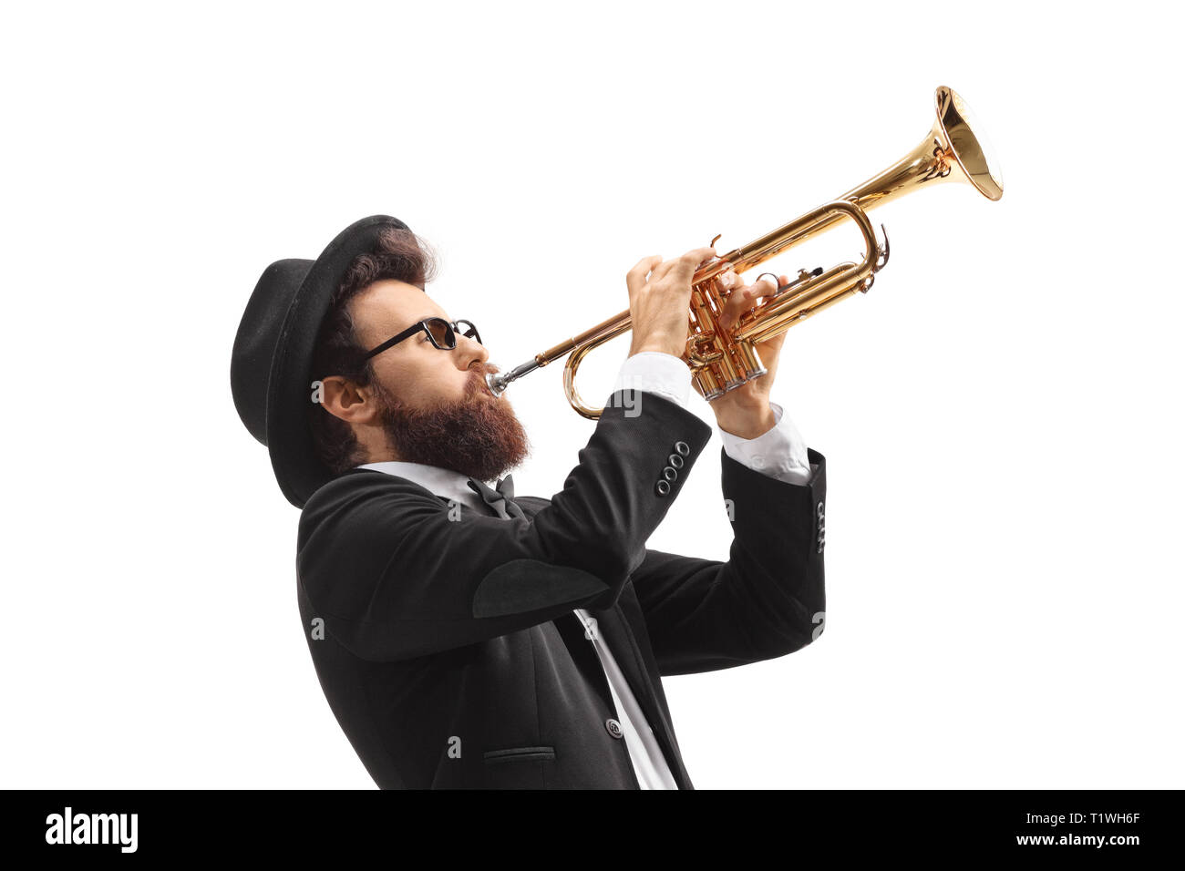 Man playing a trumpet isolated on white background Stock Photo - Alamy