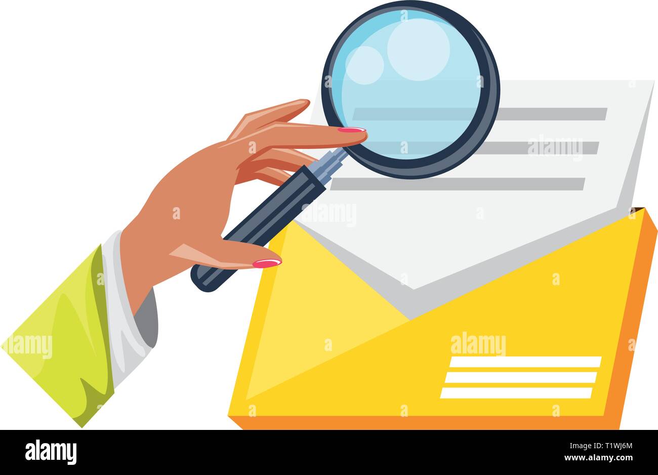 hand with magnifying glass and envelope mail vector illustration design ...