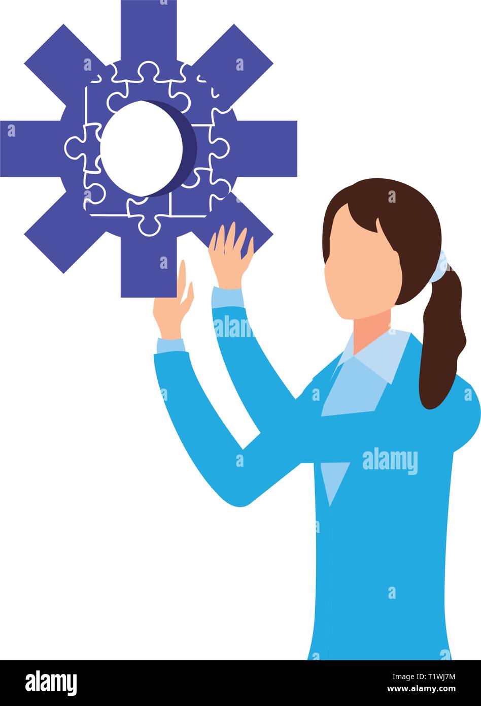 businesswoman with puzzle pieces in shape pinion vector illustration ...