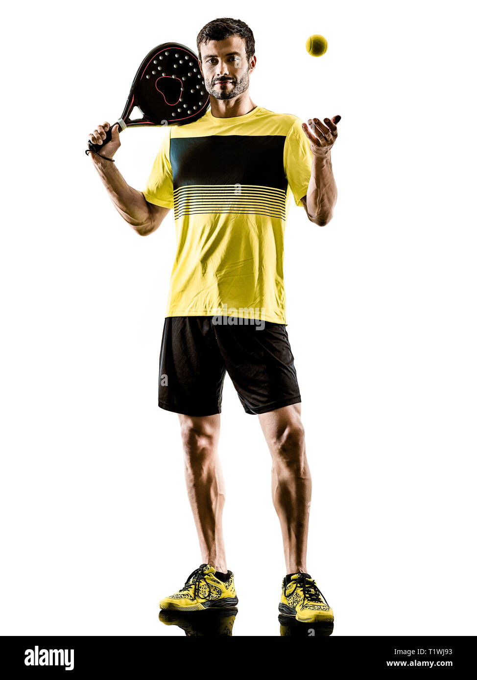 one caucasian man playing Paddle tennis player isolated on white ...