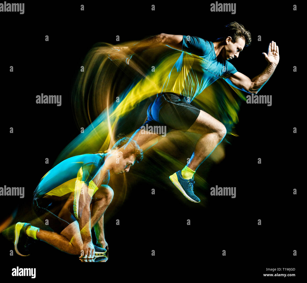 one caucasian runner running jogger jogging man light painting speed ...