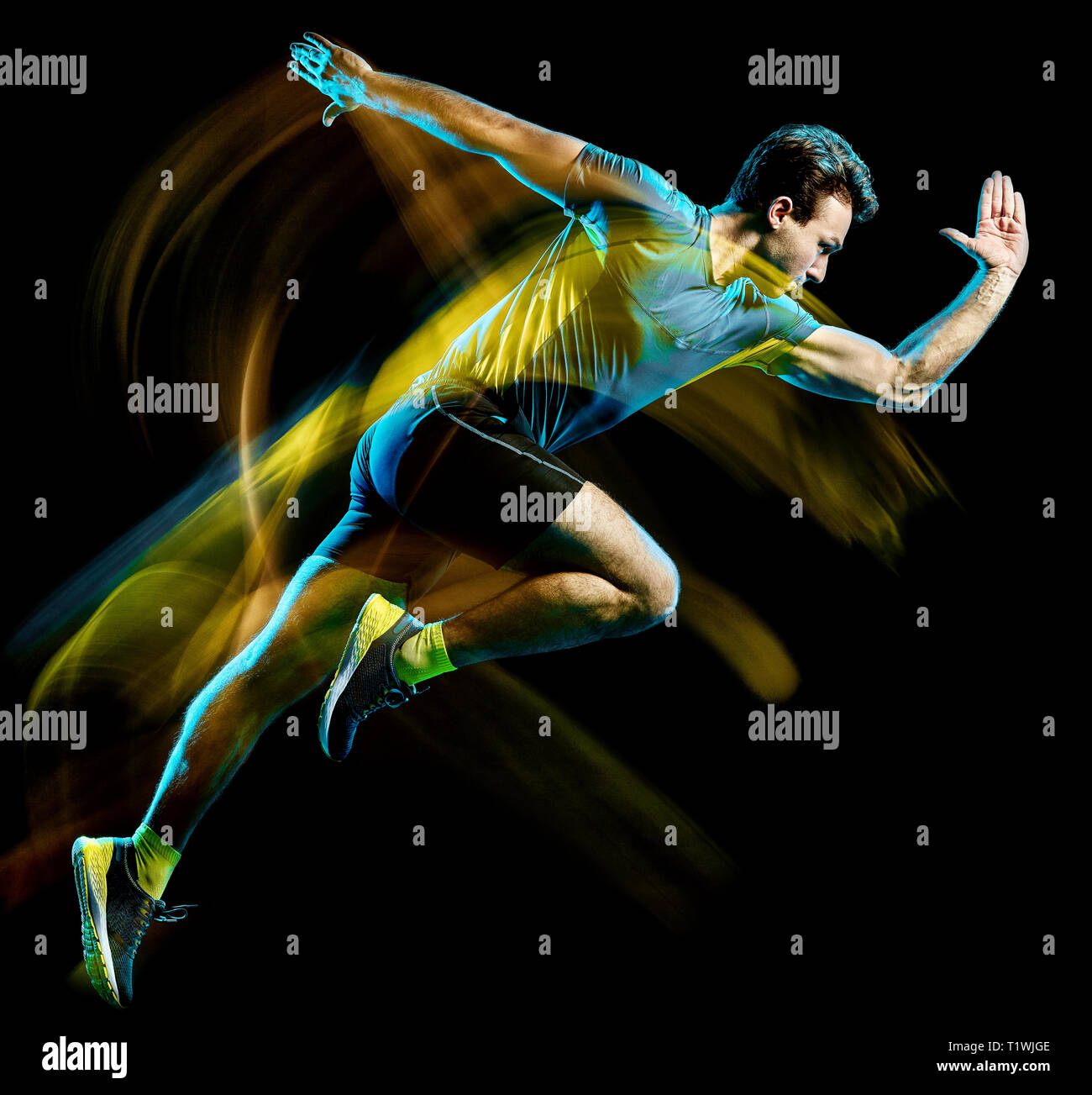 one caucasian runner running jogger jogging man light painting speed ...