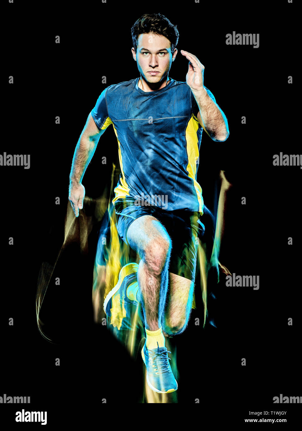 one caucasian runner running jogger jogging man light painting speed ...