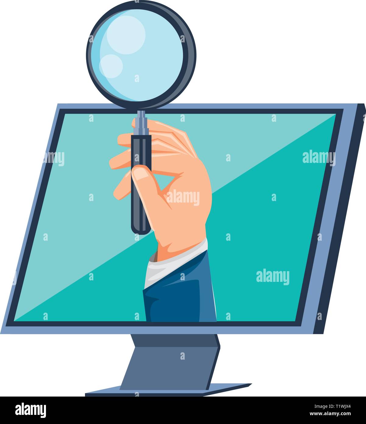 hand with magnifying glass and desktop computer vector illustration ...