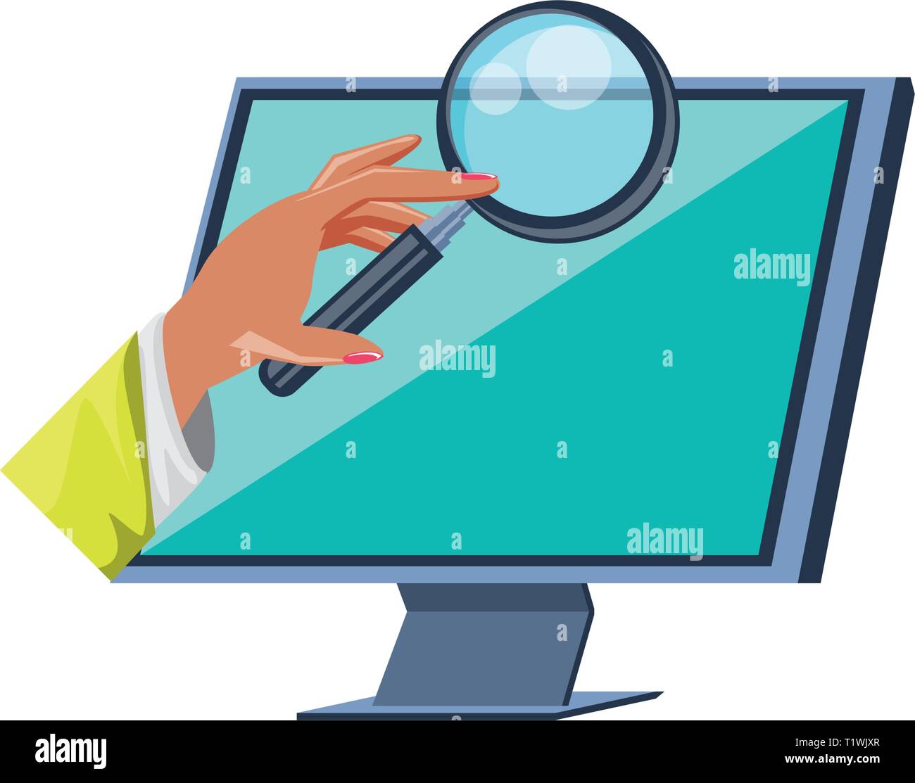 hand with magnifying glass and desktop computer vector illustration ...