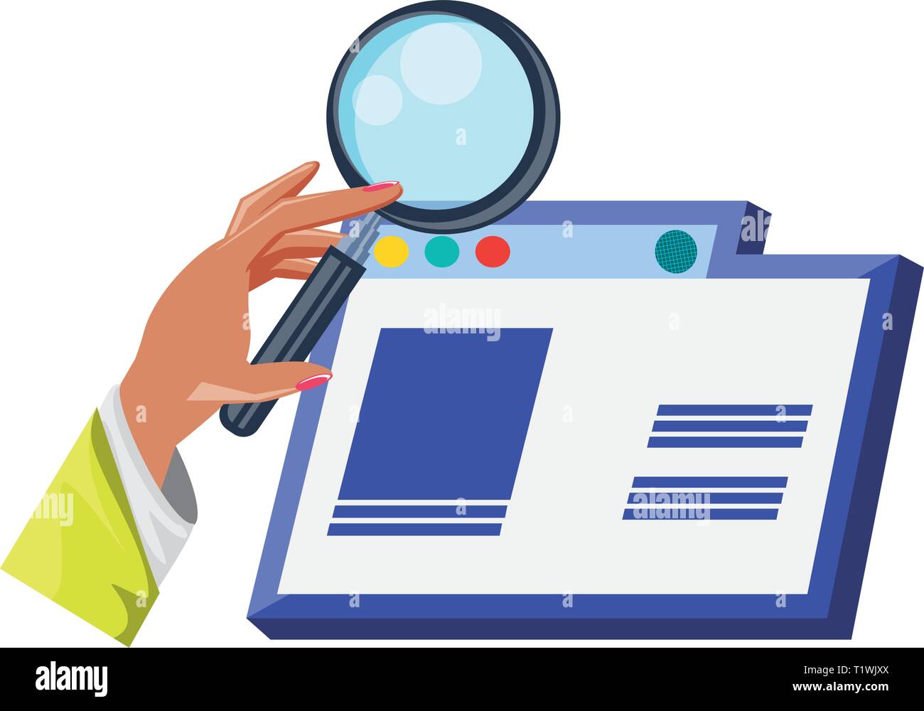 hand with magnifying glass and template webpage vector illustration ...