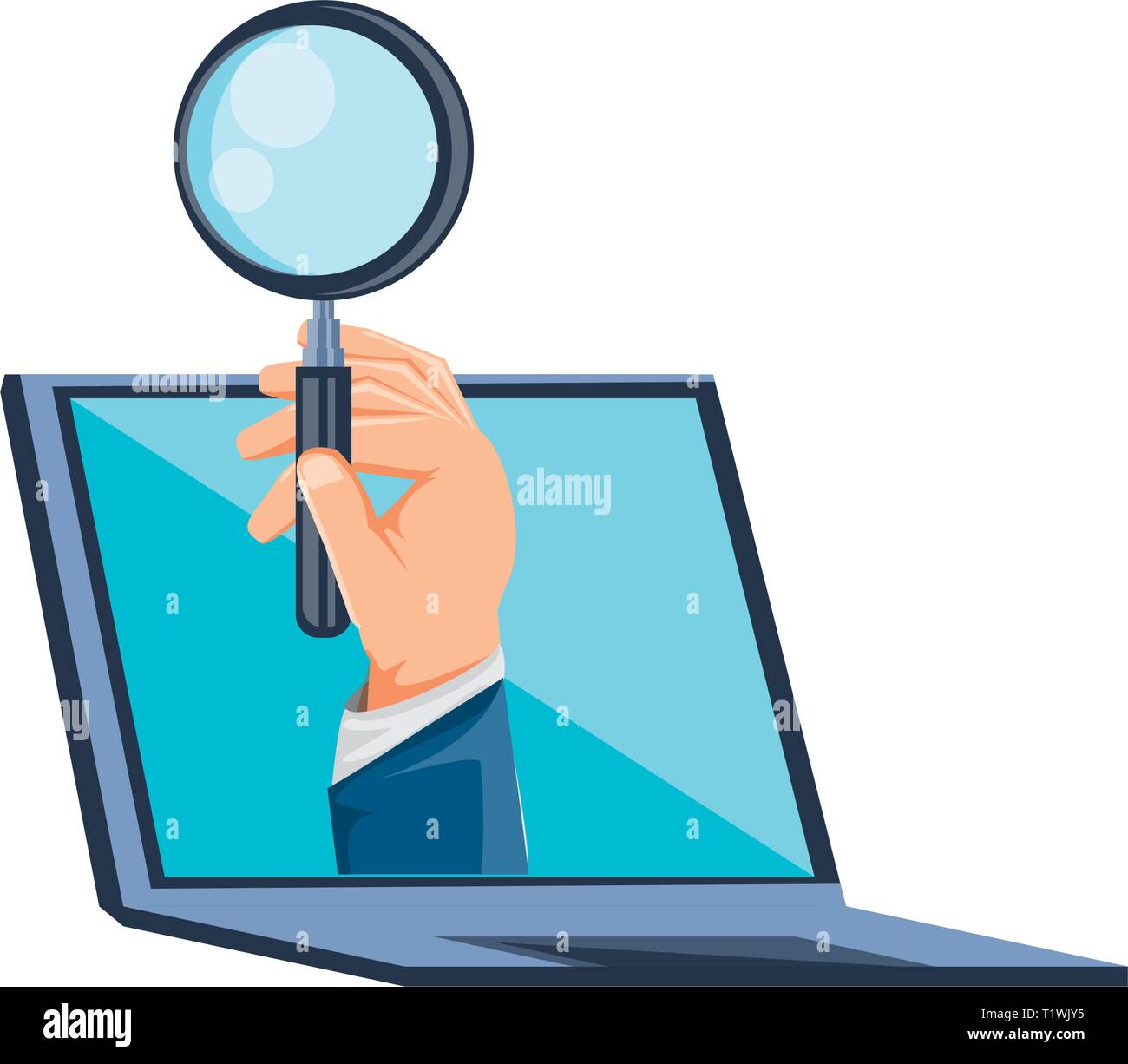 laptop computer with hand and magnifying glass vector illustration ...