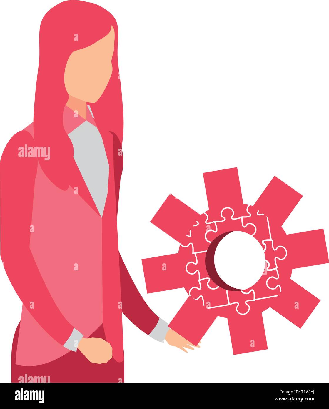businesswoman with puzzle pieces in shape pinion vector illustration ...