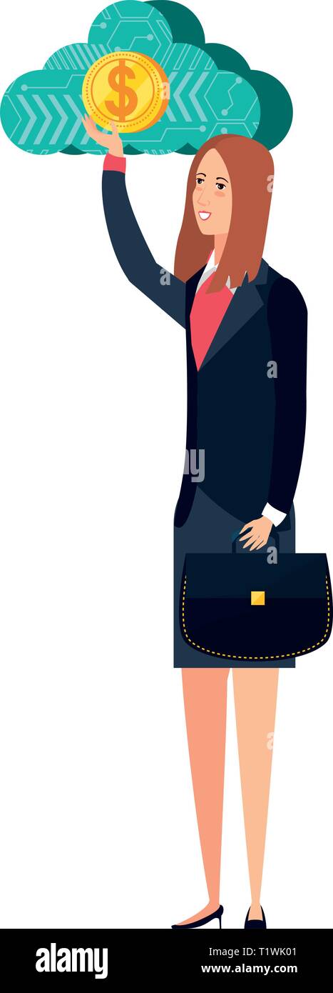 young businesswoman with cloud computing and coin vector illustration ...
