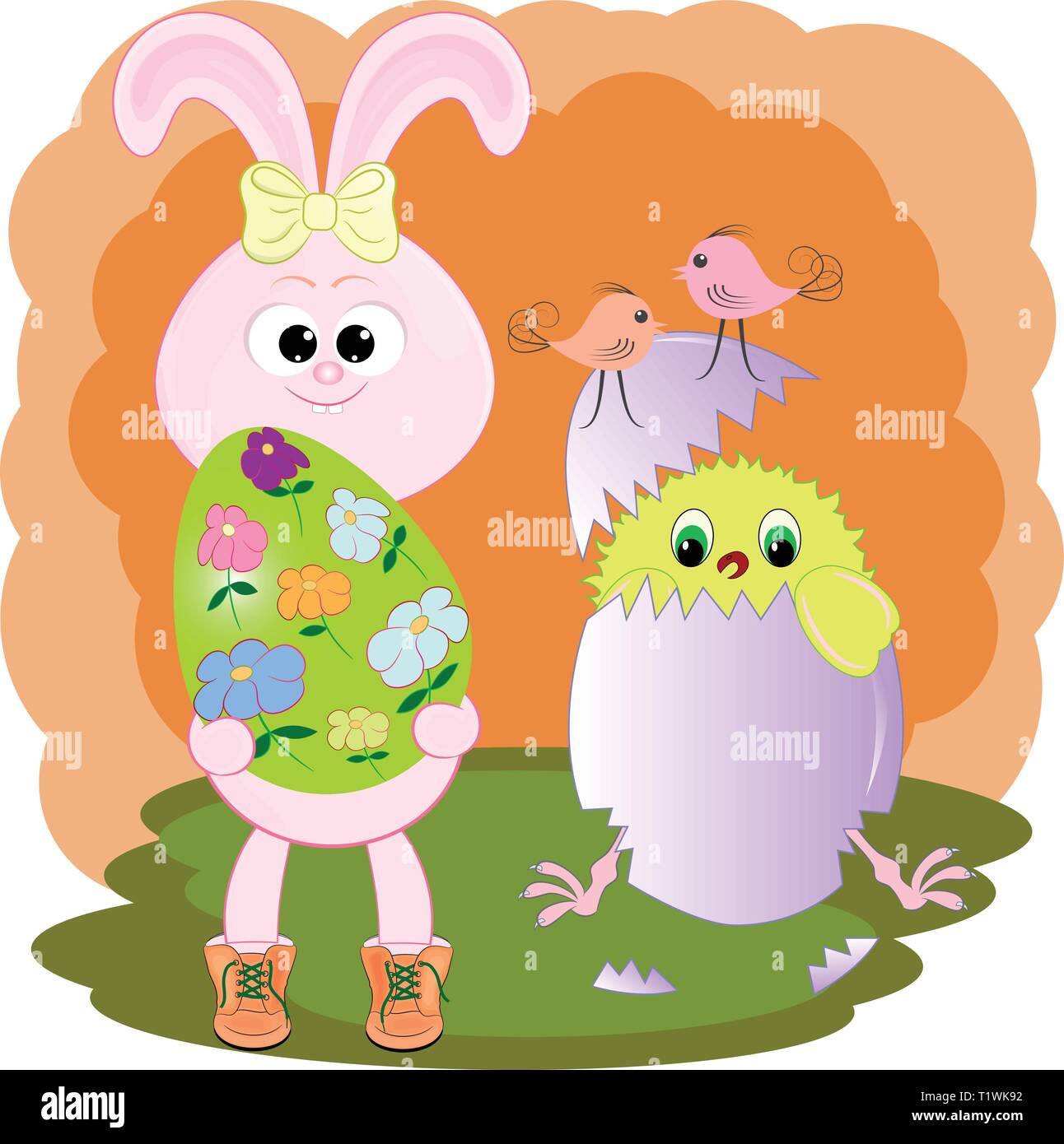 cute cartoon chicken and bunny with easter eg. vector illustration ...