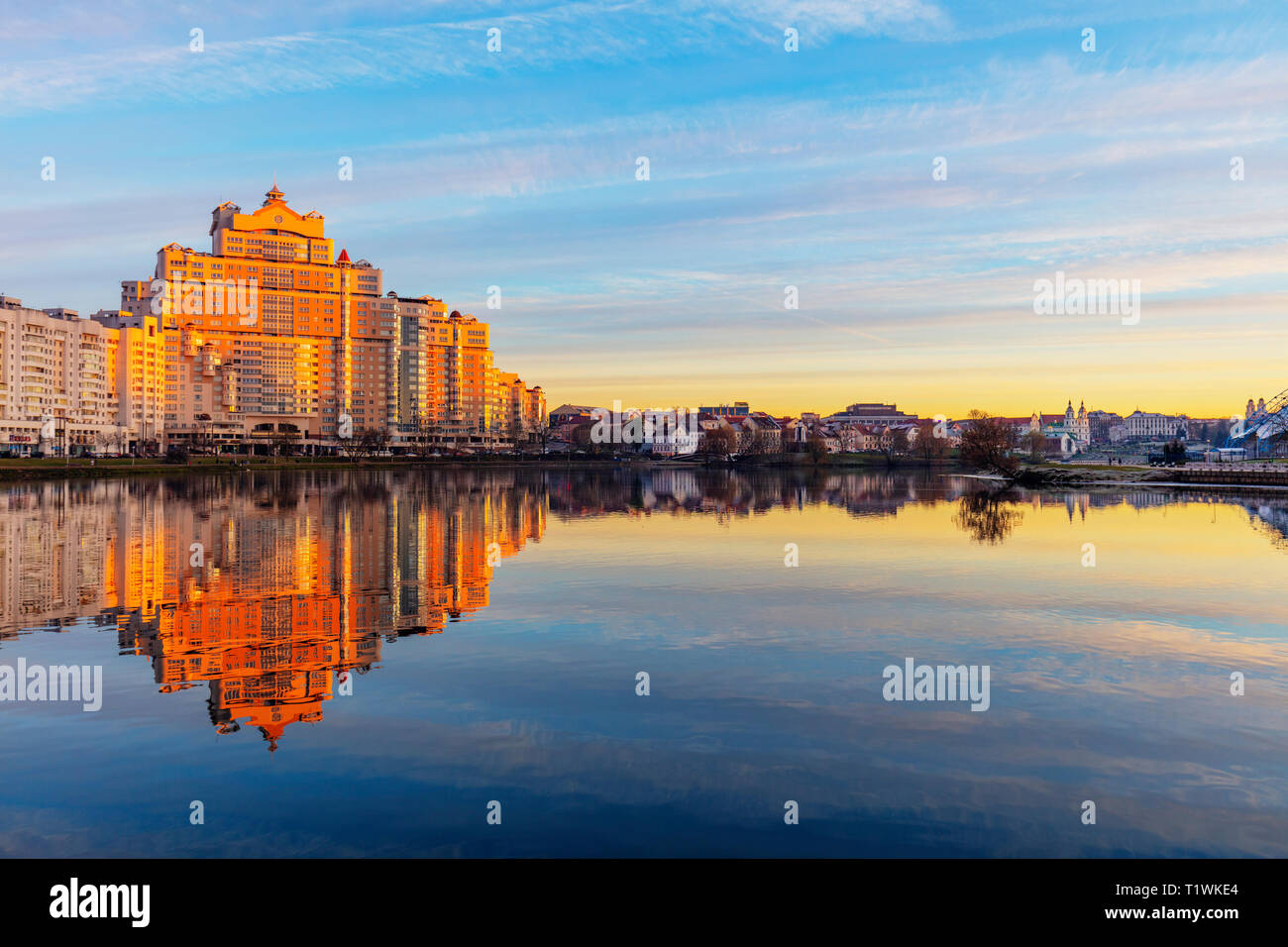 Europe, Belarus, Minsk, Trinity Suburb & Central Minsk reflecting in ...