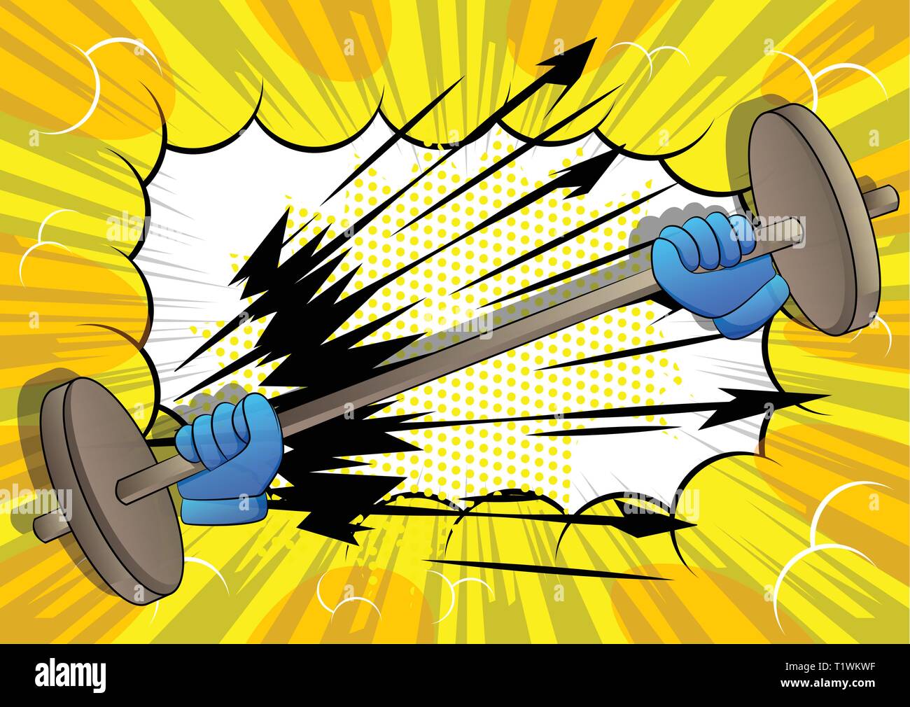 Vector cartoon hand lifting barbell. Illustrated sign on comic book ...