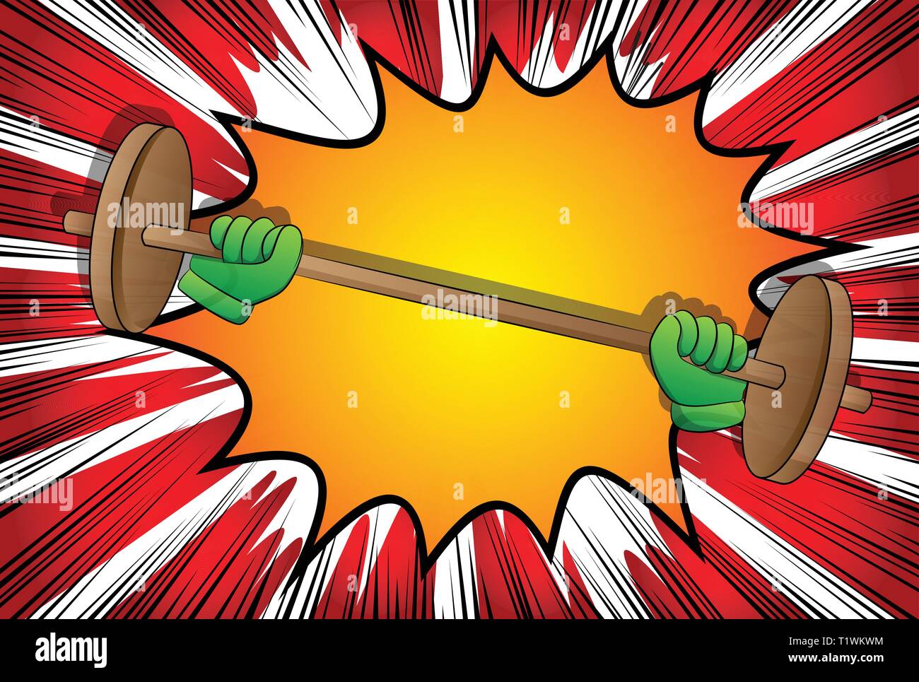 Vector cartoon hand lifting barbell. Illustrated sign on comic book ...