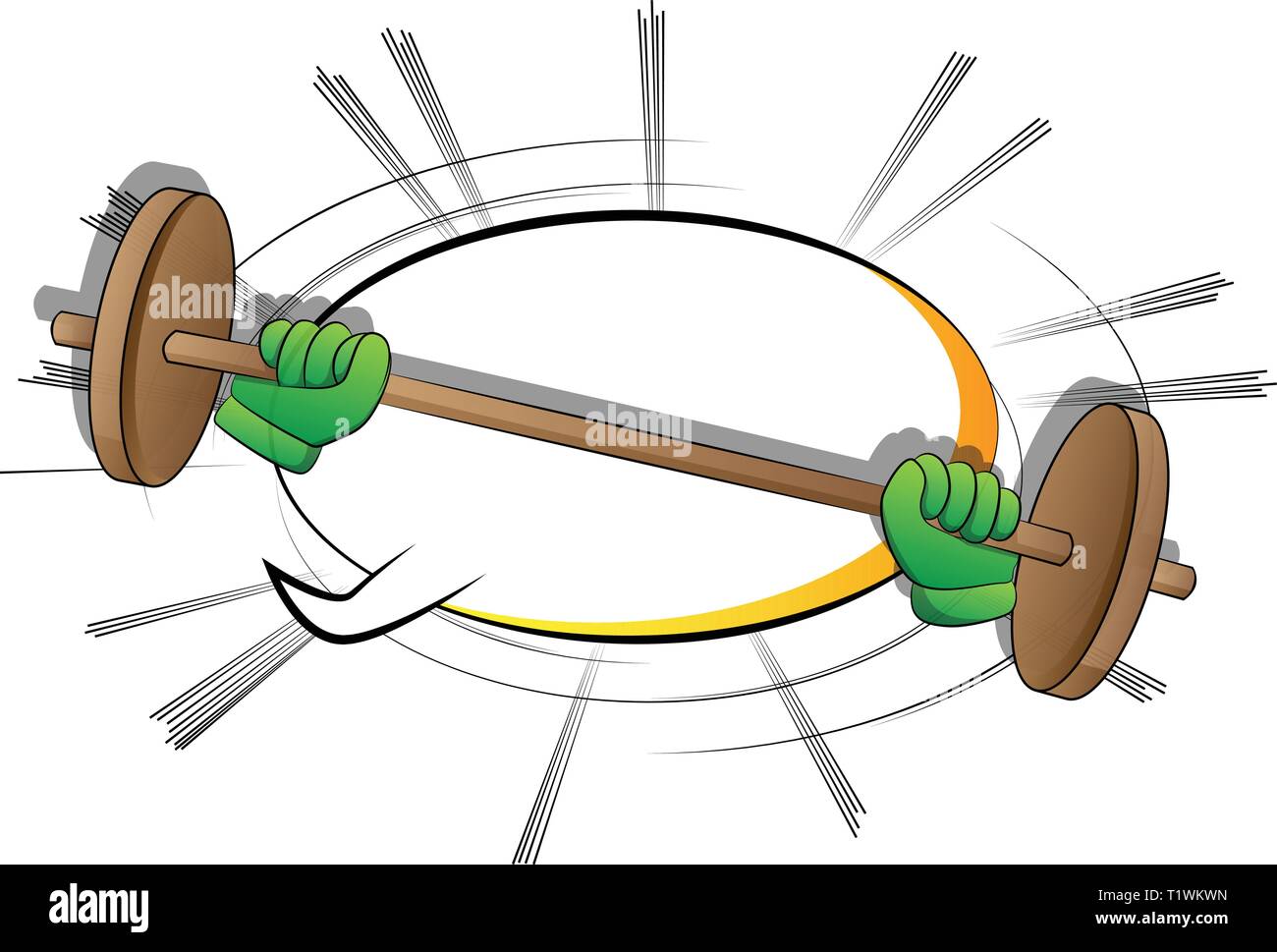 Vector cartoon hand lifting barbell. Illustrated sign on comic book ...