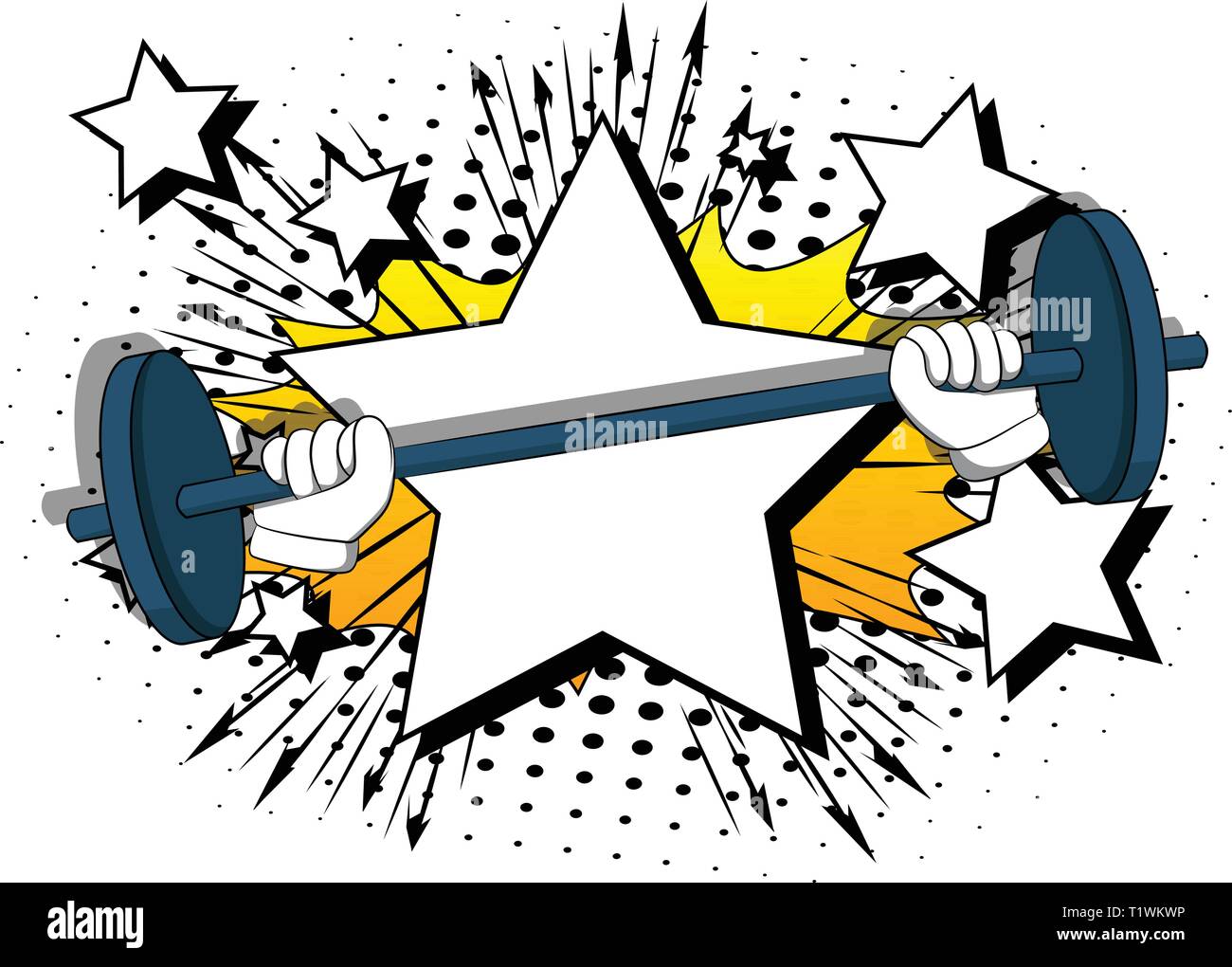 Vector cartoon hand lifting barbell. Illustrated sign on comic book ...
