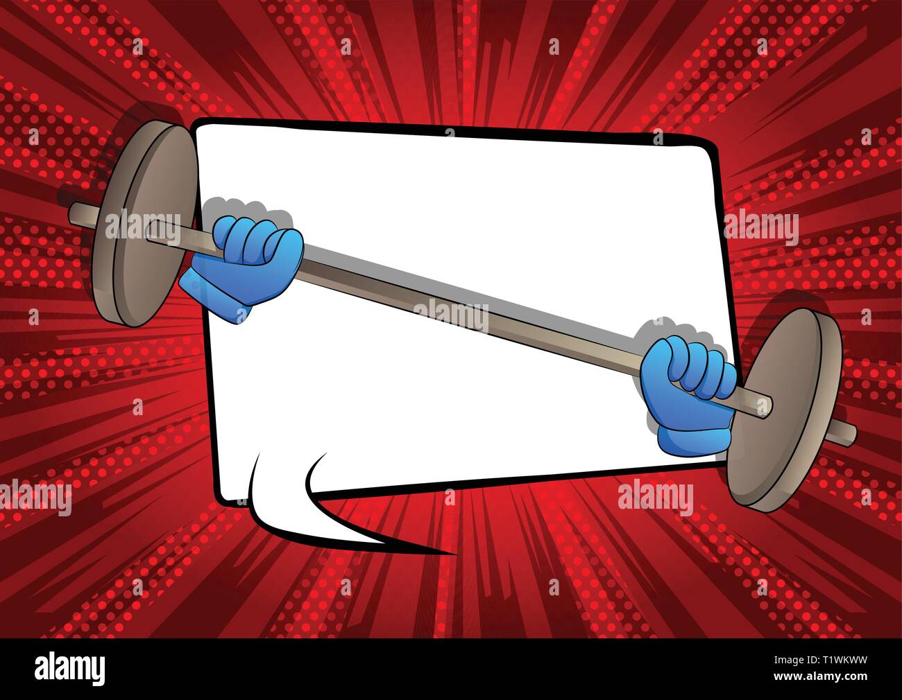 Vector cartoon hand lifting barbell. Illustrated sign on comic book ...