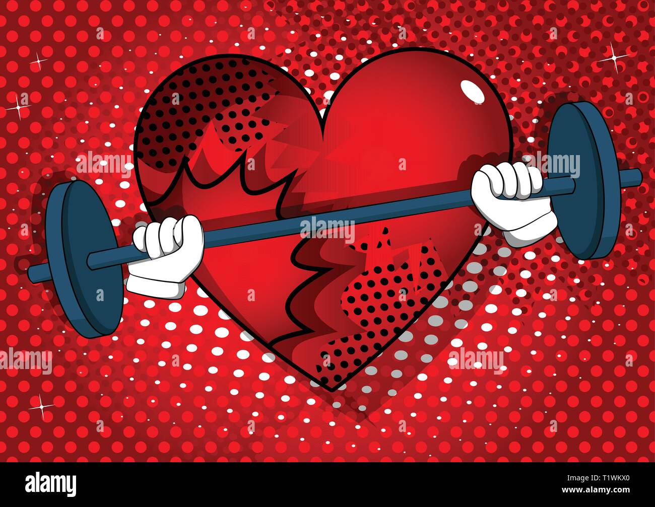 Vector cartoon hand lifting barbell. Illustrated sign on comic book ...