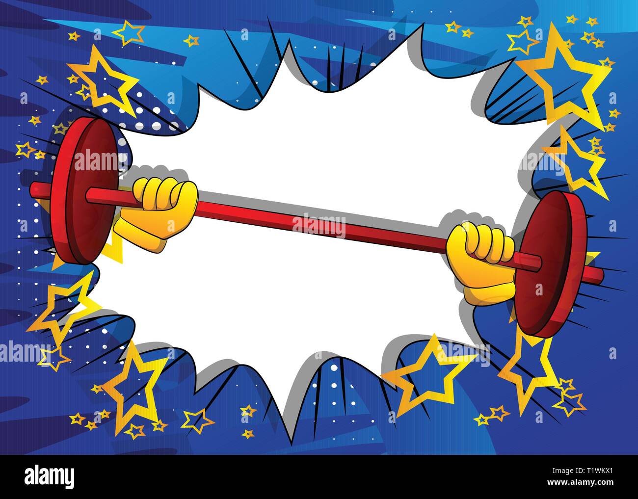 Vector cartoon hand lifting barbell. Illustrated sign on comic book ...