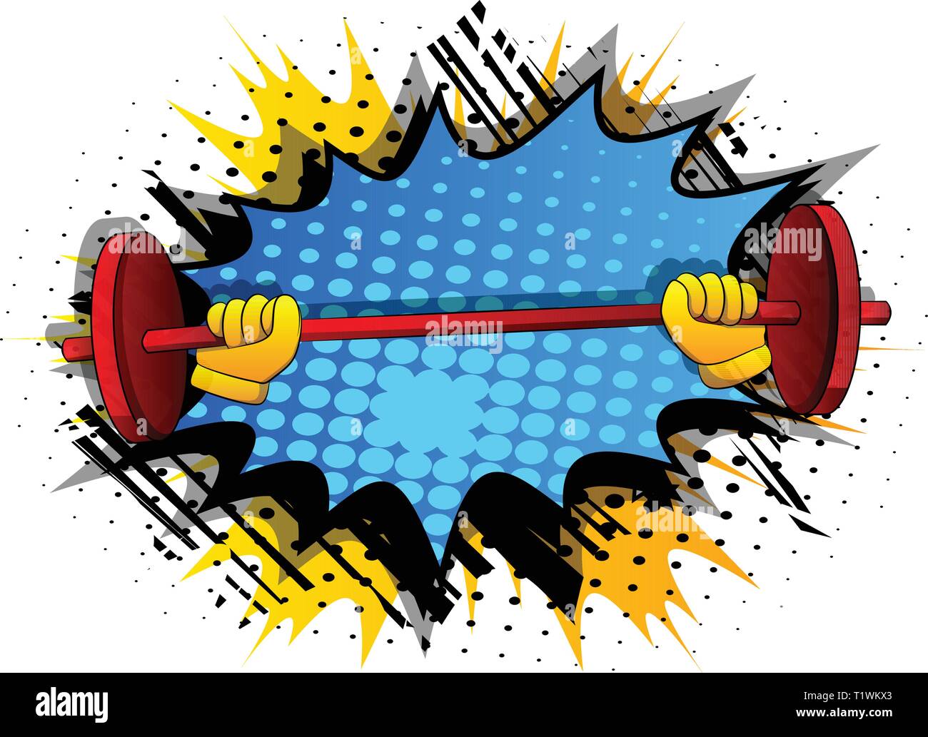 Vector cartoon hand lifting barbell. Illustrated sign on comic book ...
