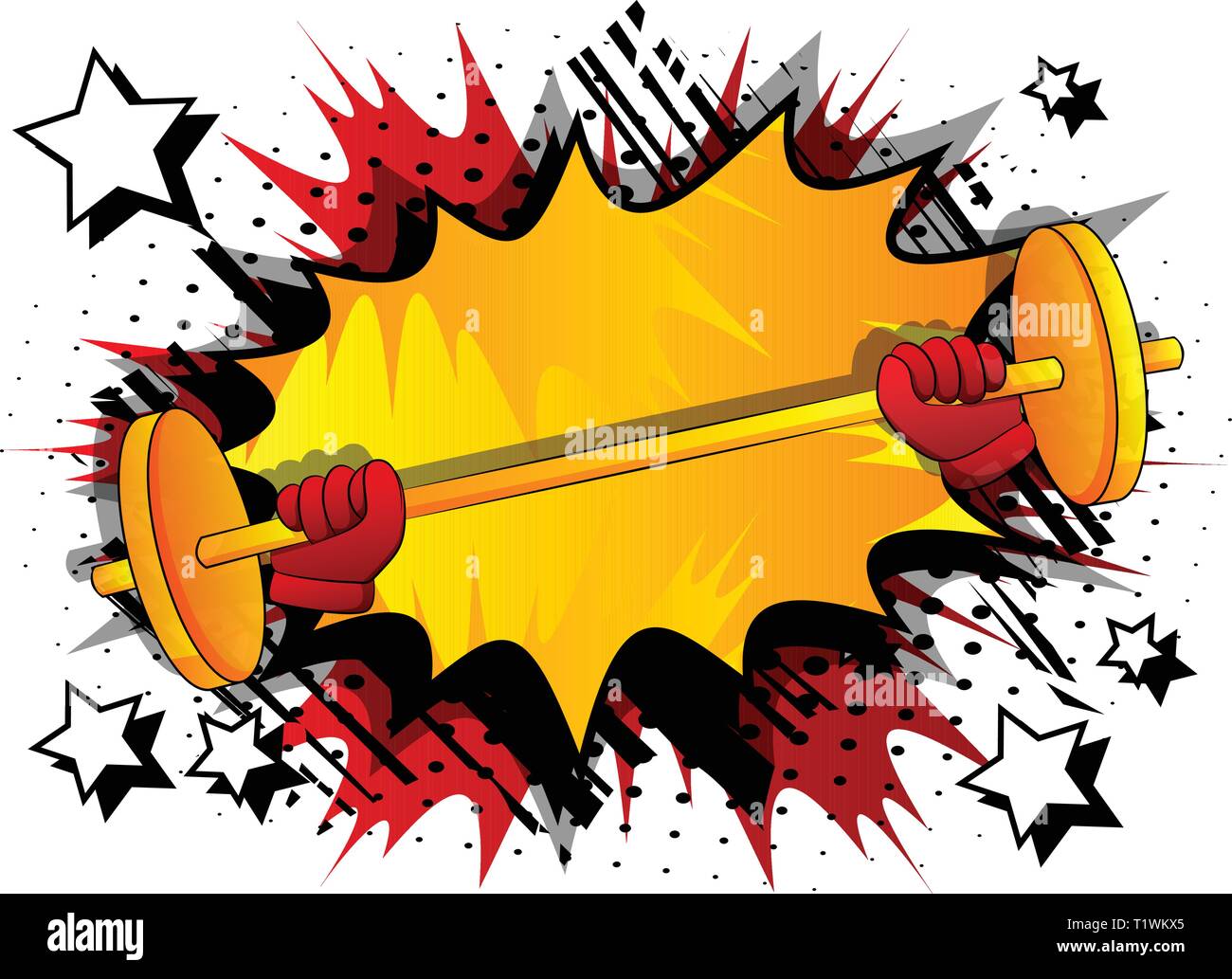 Vector cartoon hand lifting barbell. Illustrated sign on comic book ...