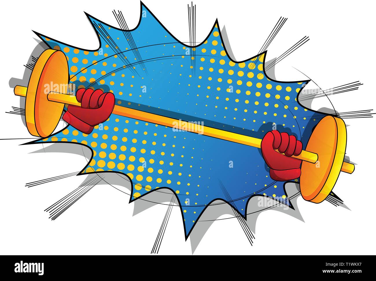 Vector cartoon hand lifting barbell. Illustrated sign on comic book ...