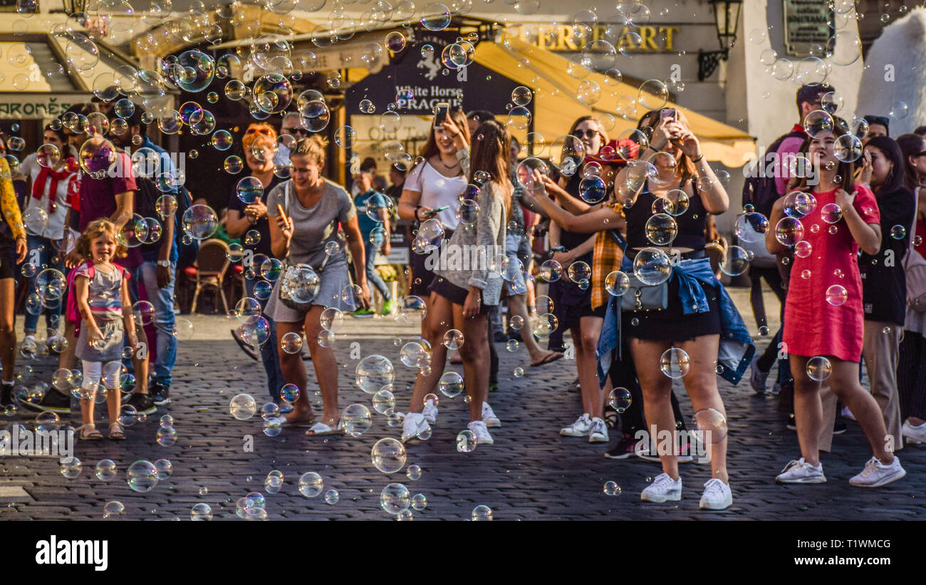 Prague, Czech Republic - September , 17, 2019: Street performer making ...