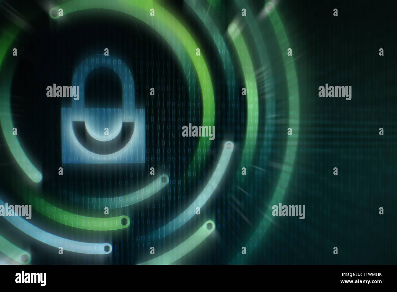 White graphic symbol of a padlock on green binary computer display ...