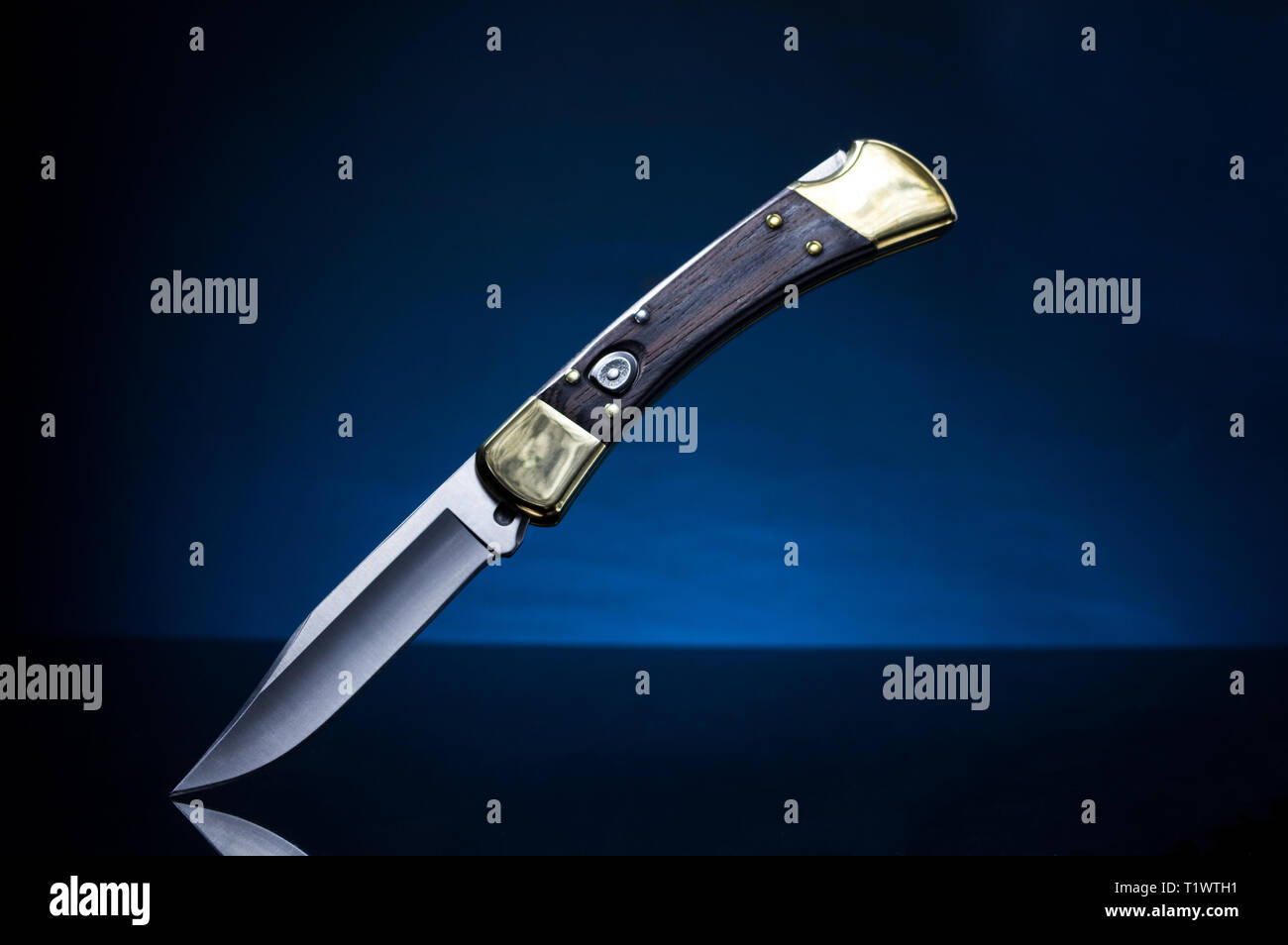 Folding knife hunter. Pocket knife hunter. Blue background. Front view ...