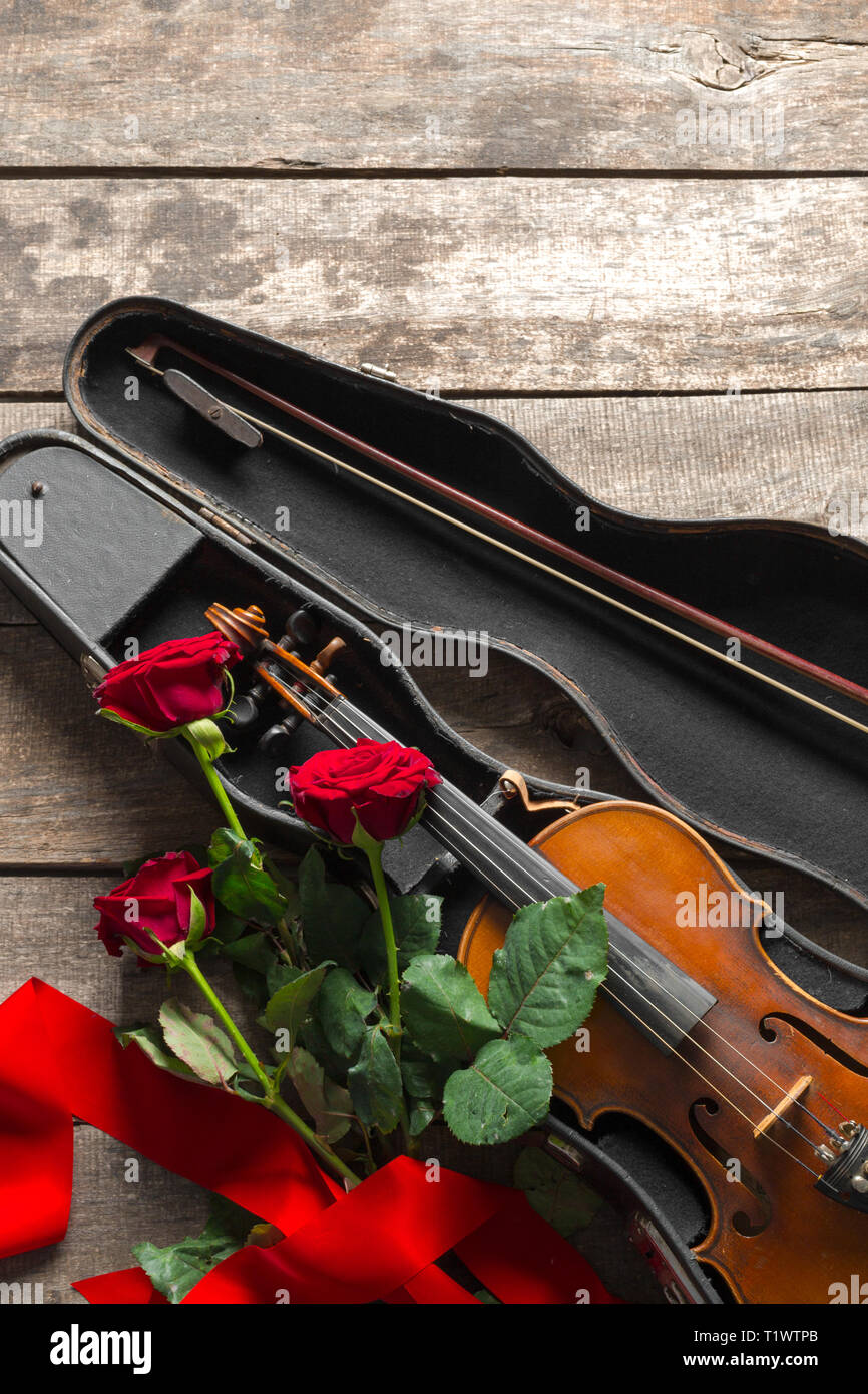 Red roses and a violin Stock Photo - Alamy