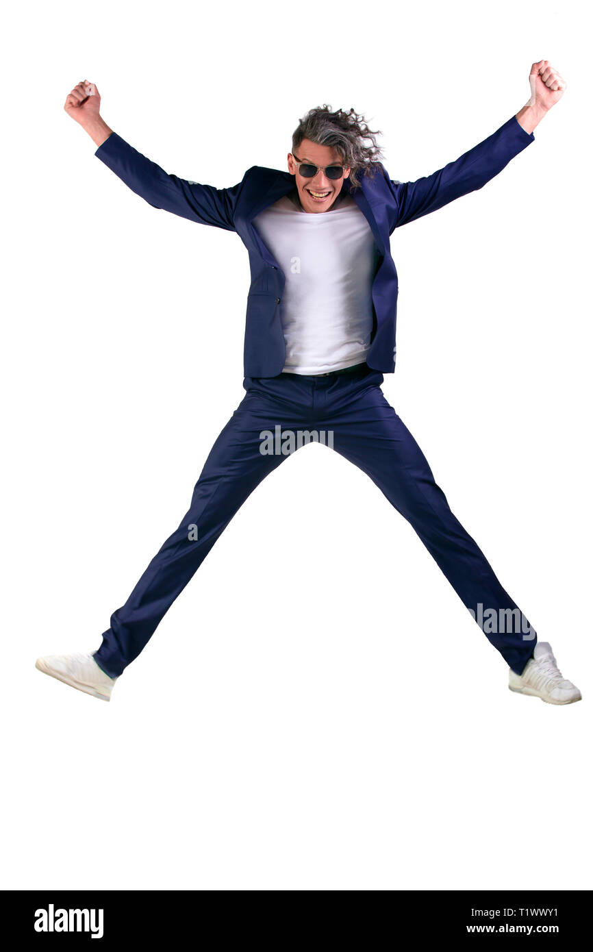 Confident Smart Looking Man Laughing and Jumping Up, Enjoying His ...