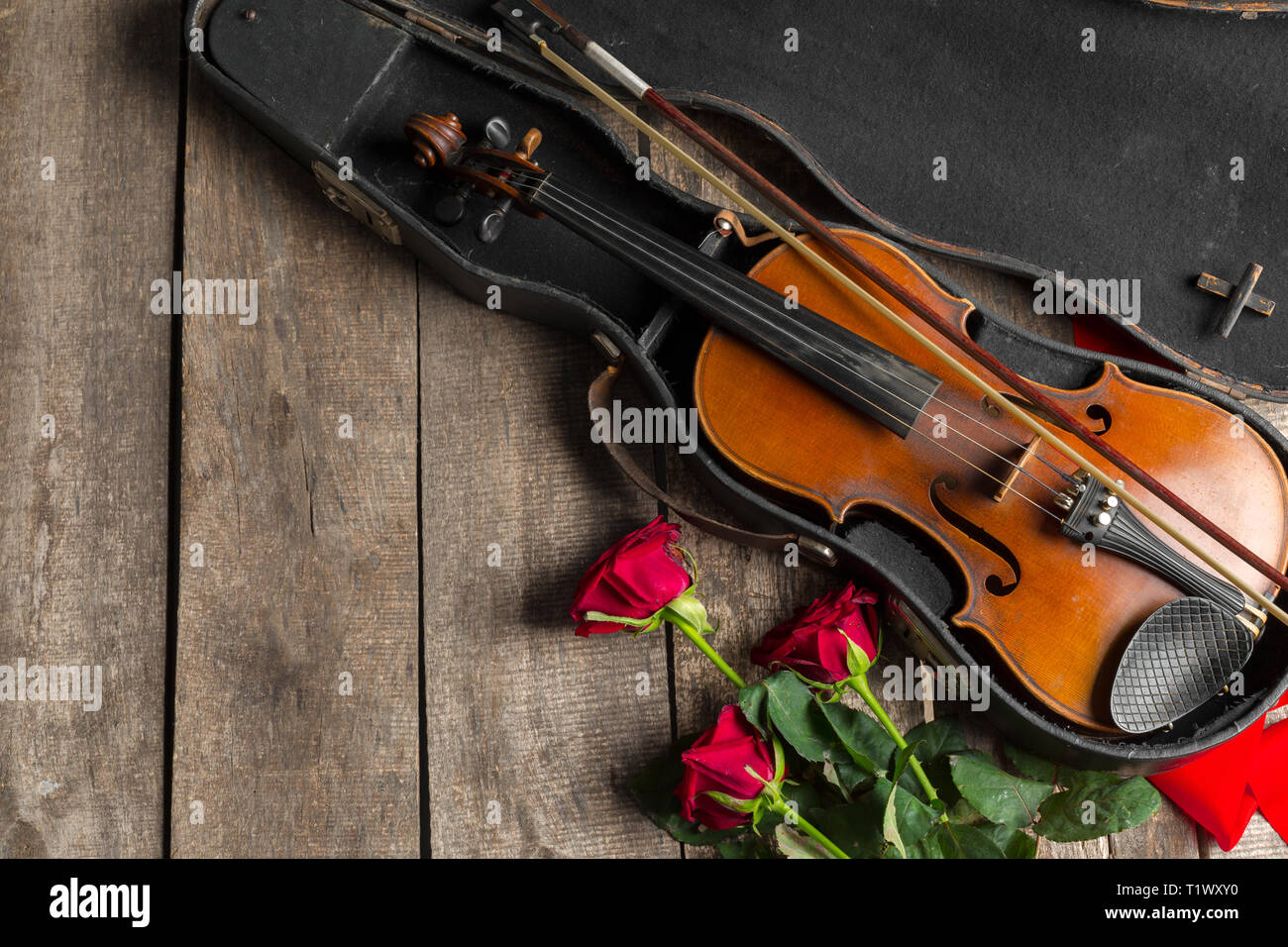 Red roses and a violin Stock Photo - Alamy
