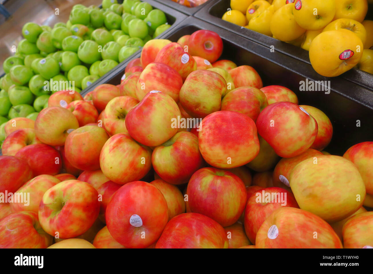 Multi-colored apples in a bin Stock Photo - Alamy