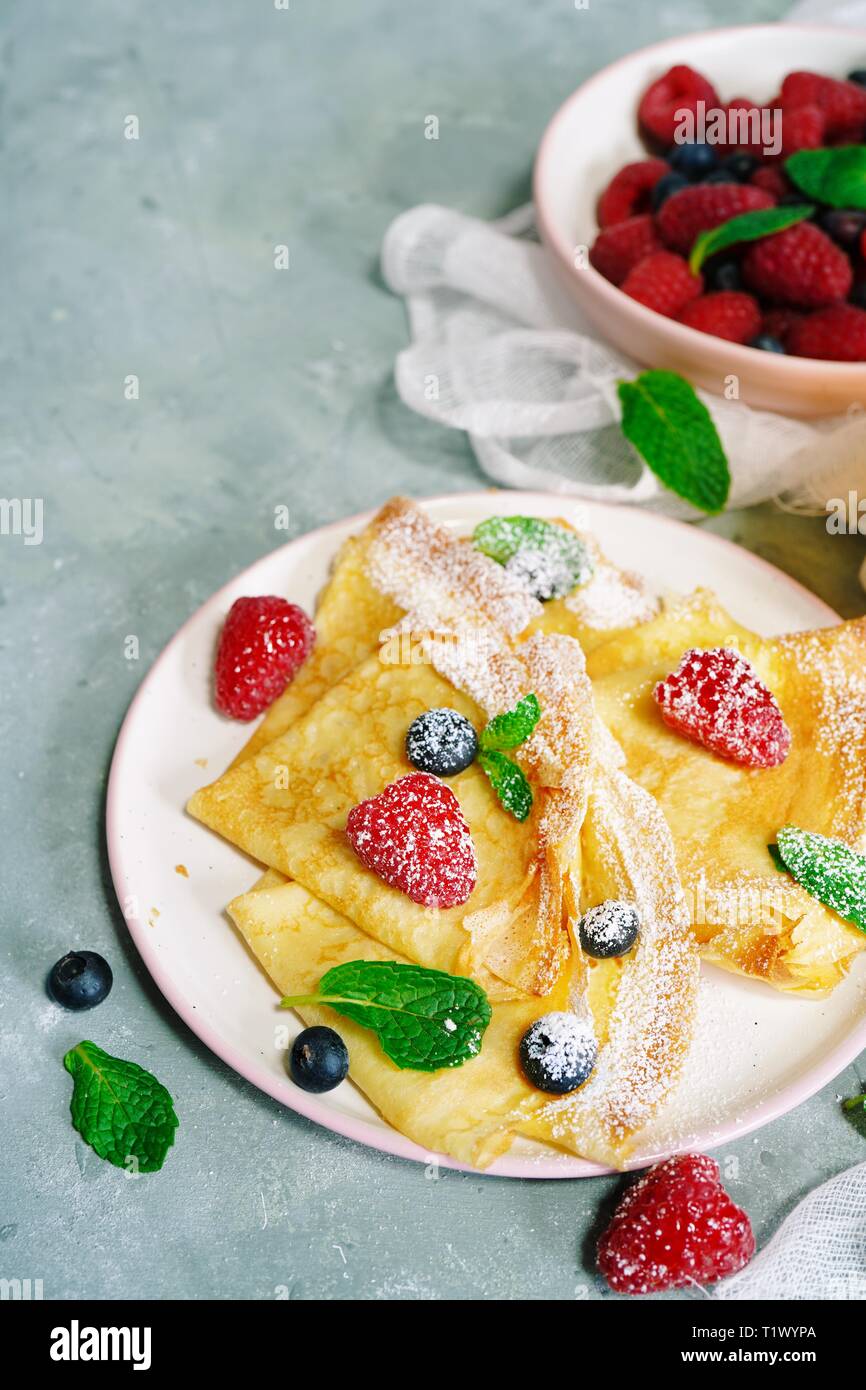 Homemade Crepes with fresh fruits and berries, selective focus Stock ...