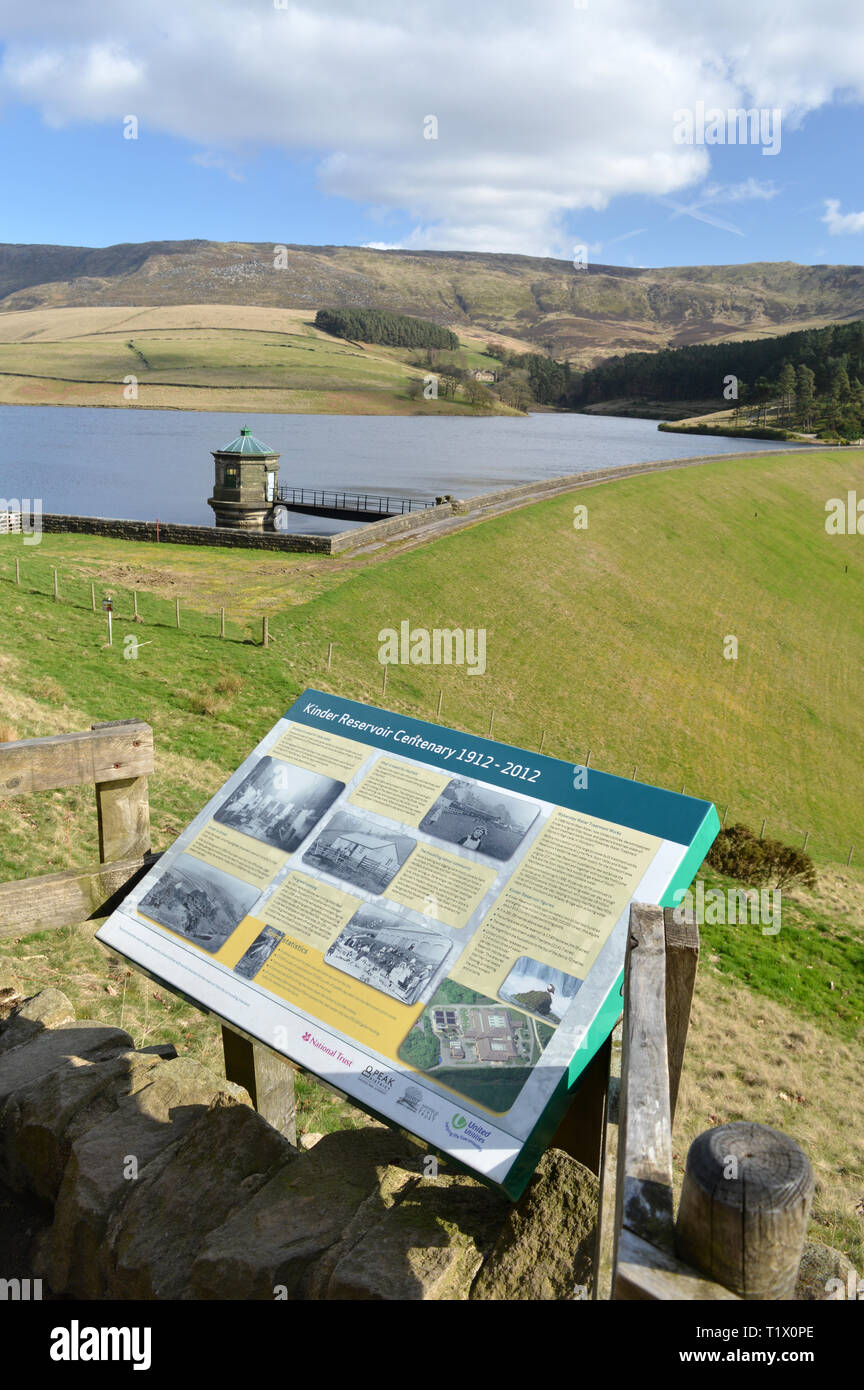 Kinder Scout reservoir dam wall and noticeboard Stock Photo - Alamy
