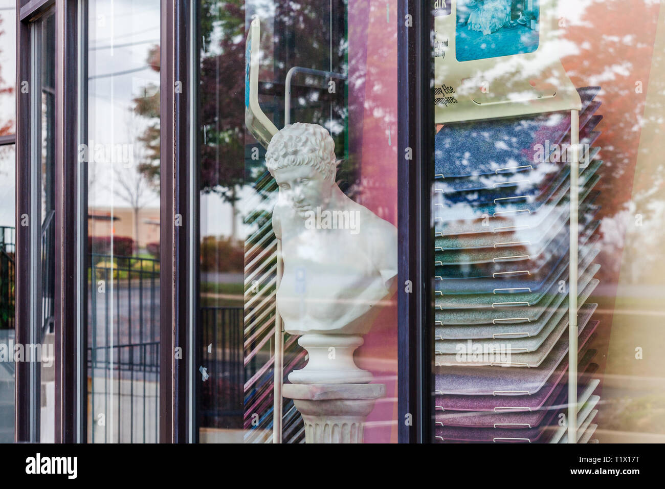 Statue bust in the window of a flooring retailer Stock Photo - Alamy