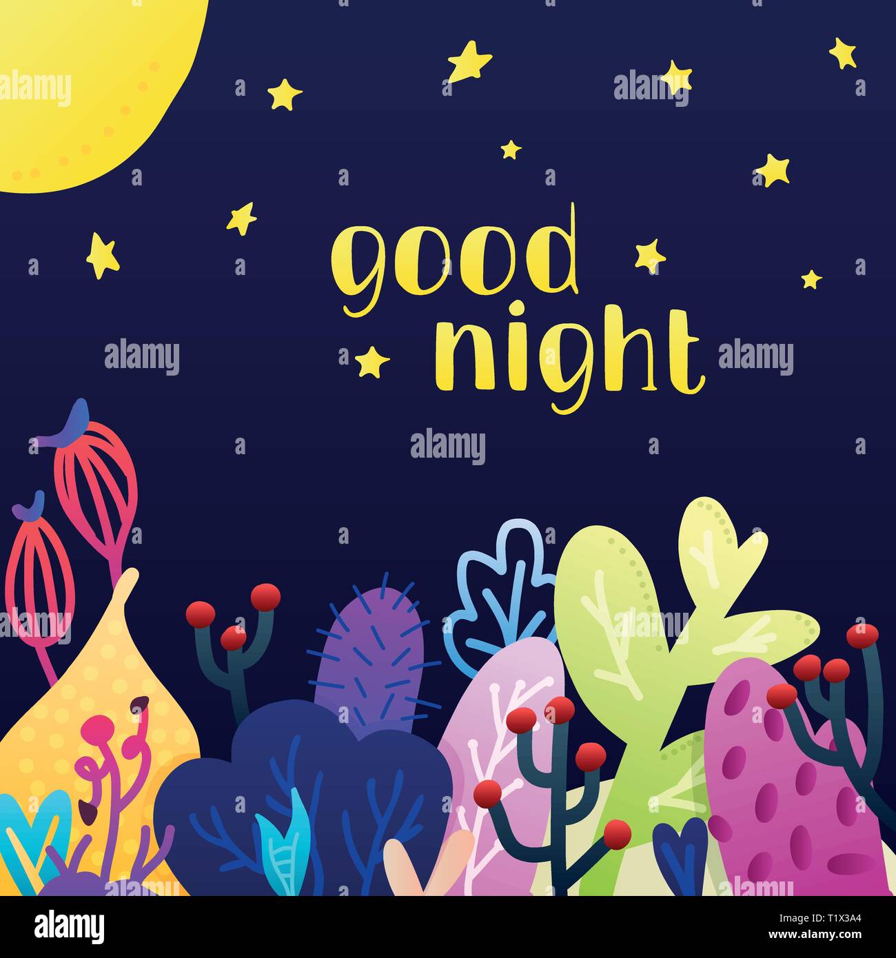 Creative universal floral night background. Modern graphic design. Hand ...