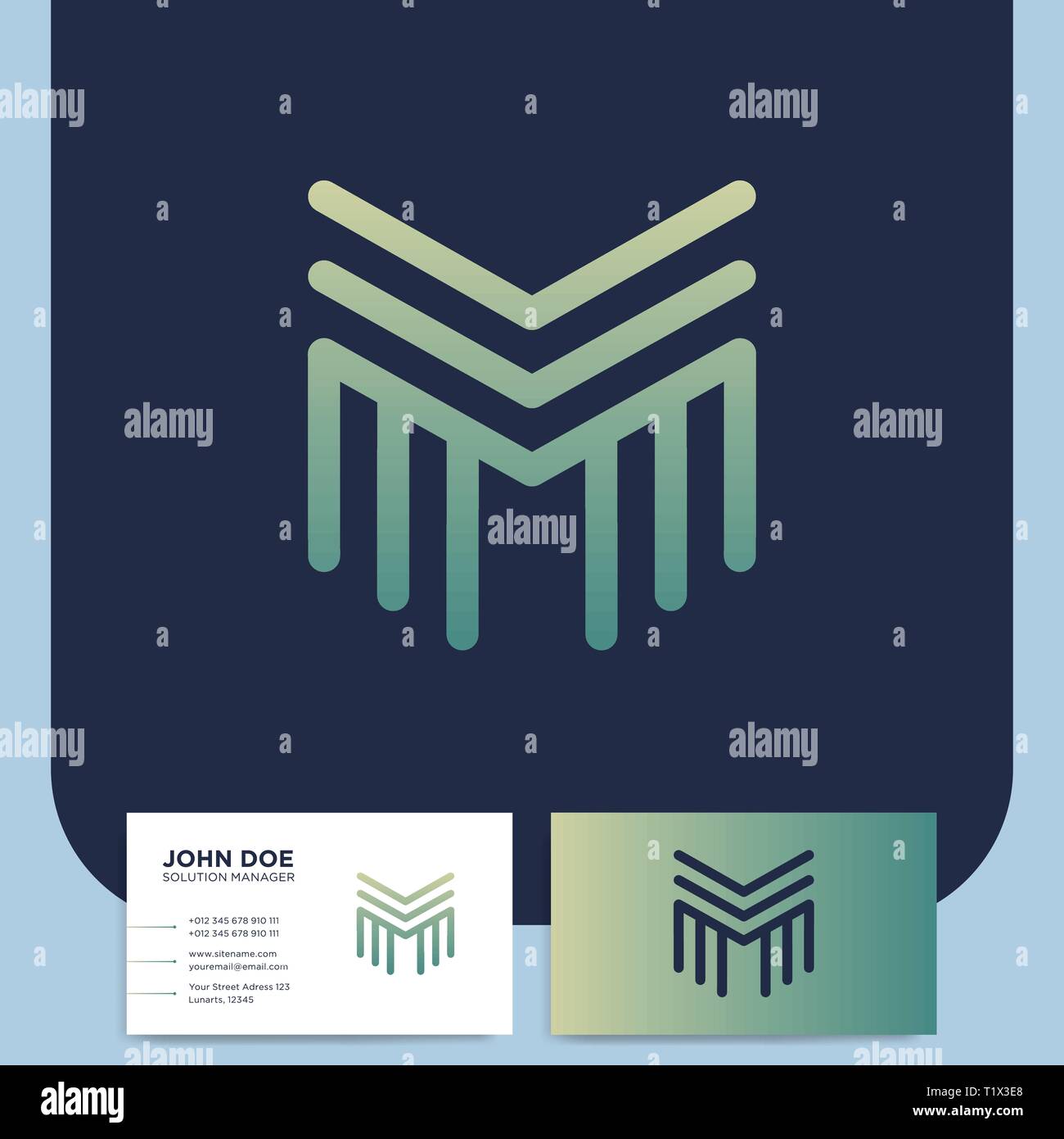 Media letter M vector logo in a modern line style with business card ...