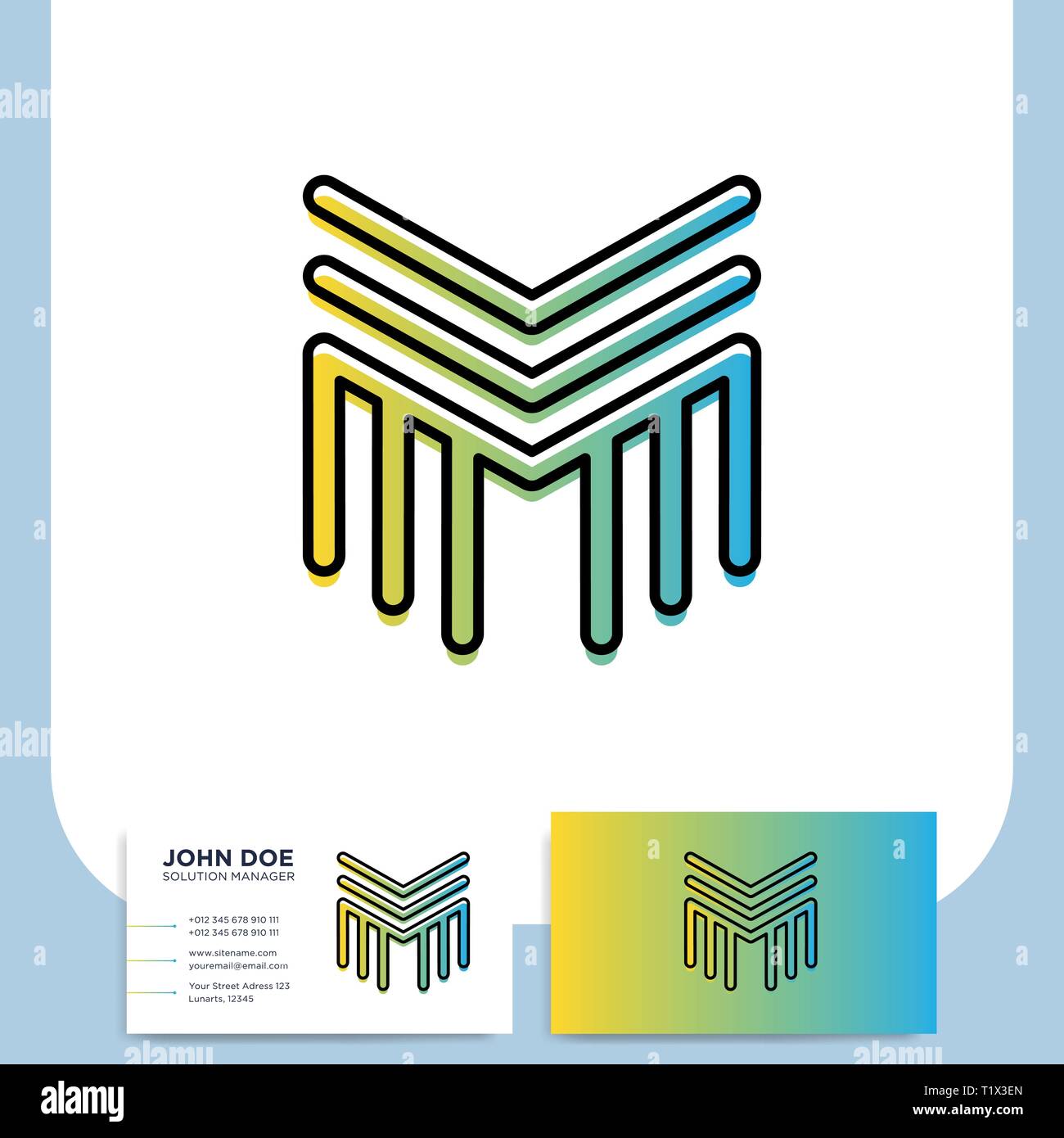 Media letter M vector logo in a modern line style with business card ...