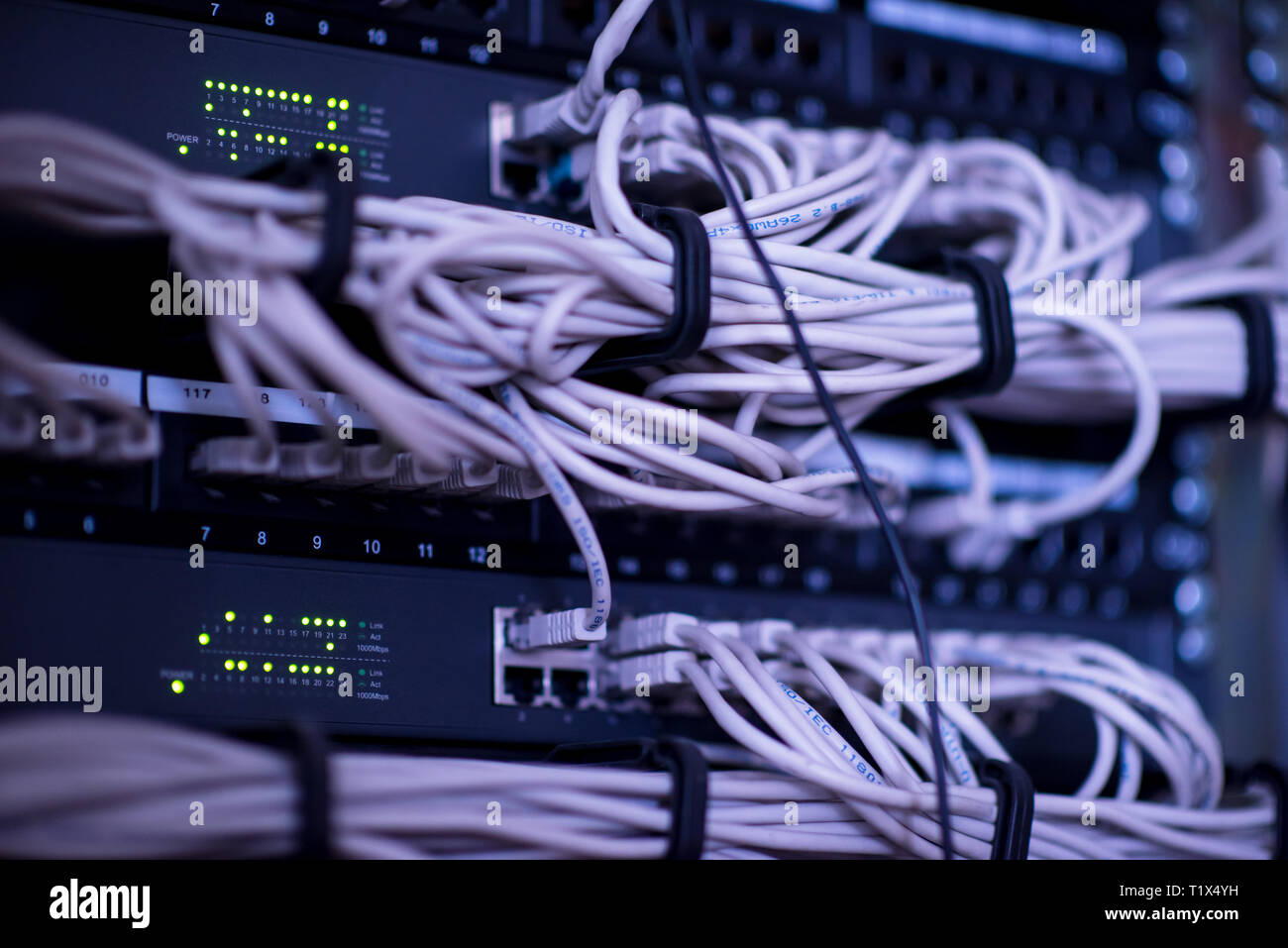 optical cables connected to main server in the server room at data ...