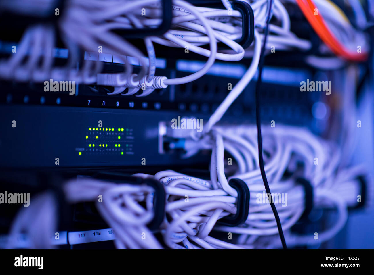 optical cables connected to main server in the server room at data ...