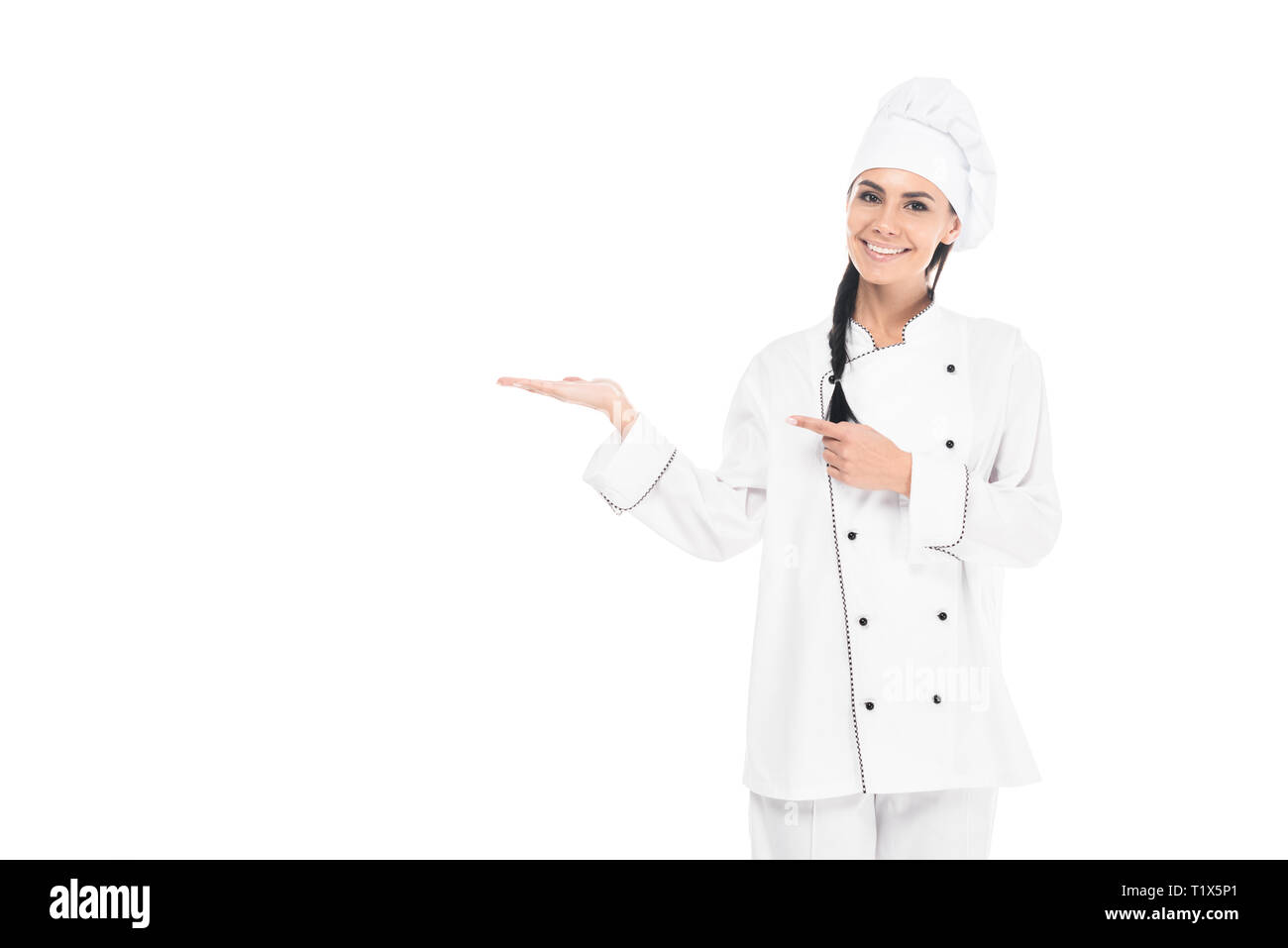 Cheerful smiling chef in hat gesturing isolated on white Stock Photo ...