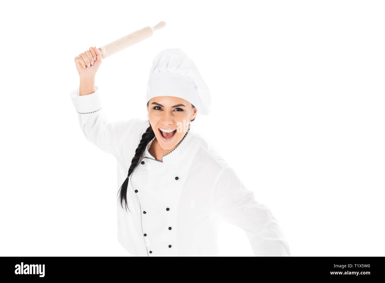 Aggressive chef in hat holding rolling pin and screaming isolated on ...